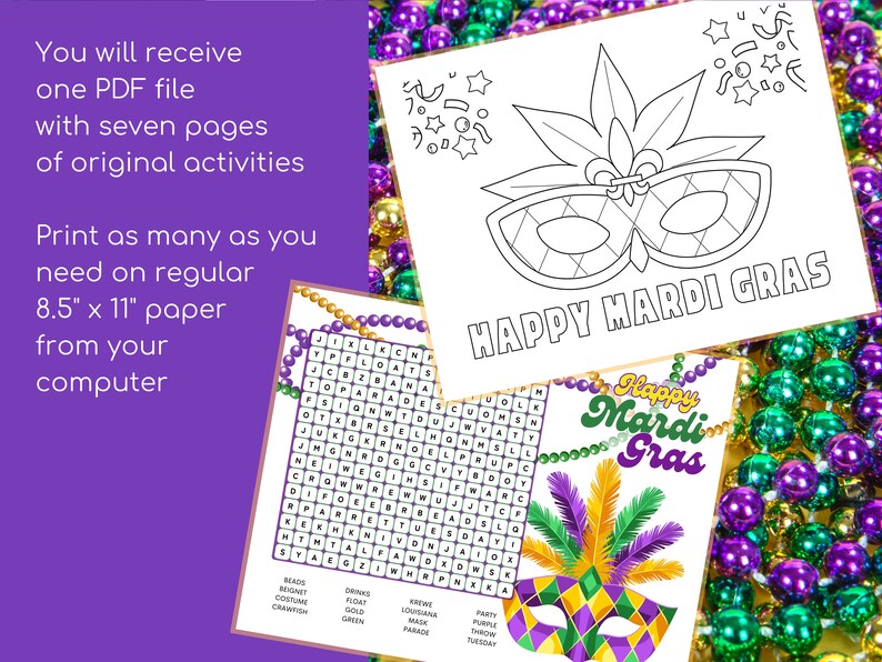 Mardi Gras Activity Bundle - Printable - Word Search - Coloring Pages ...