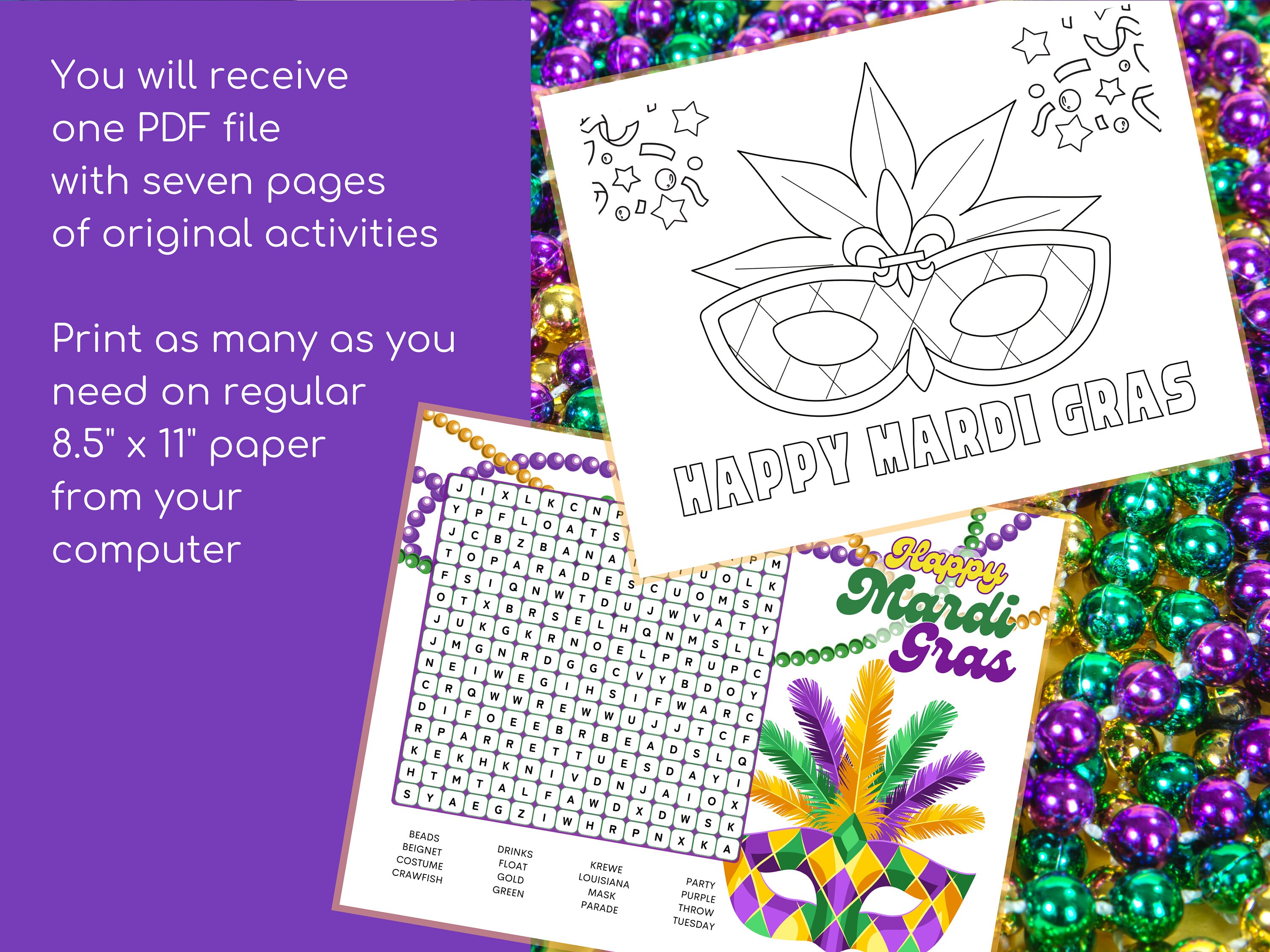 Mardi Gras Activity Bundle - Printable - Word Search - Coloring Pages ...