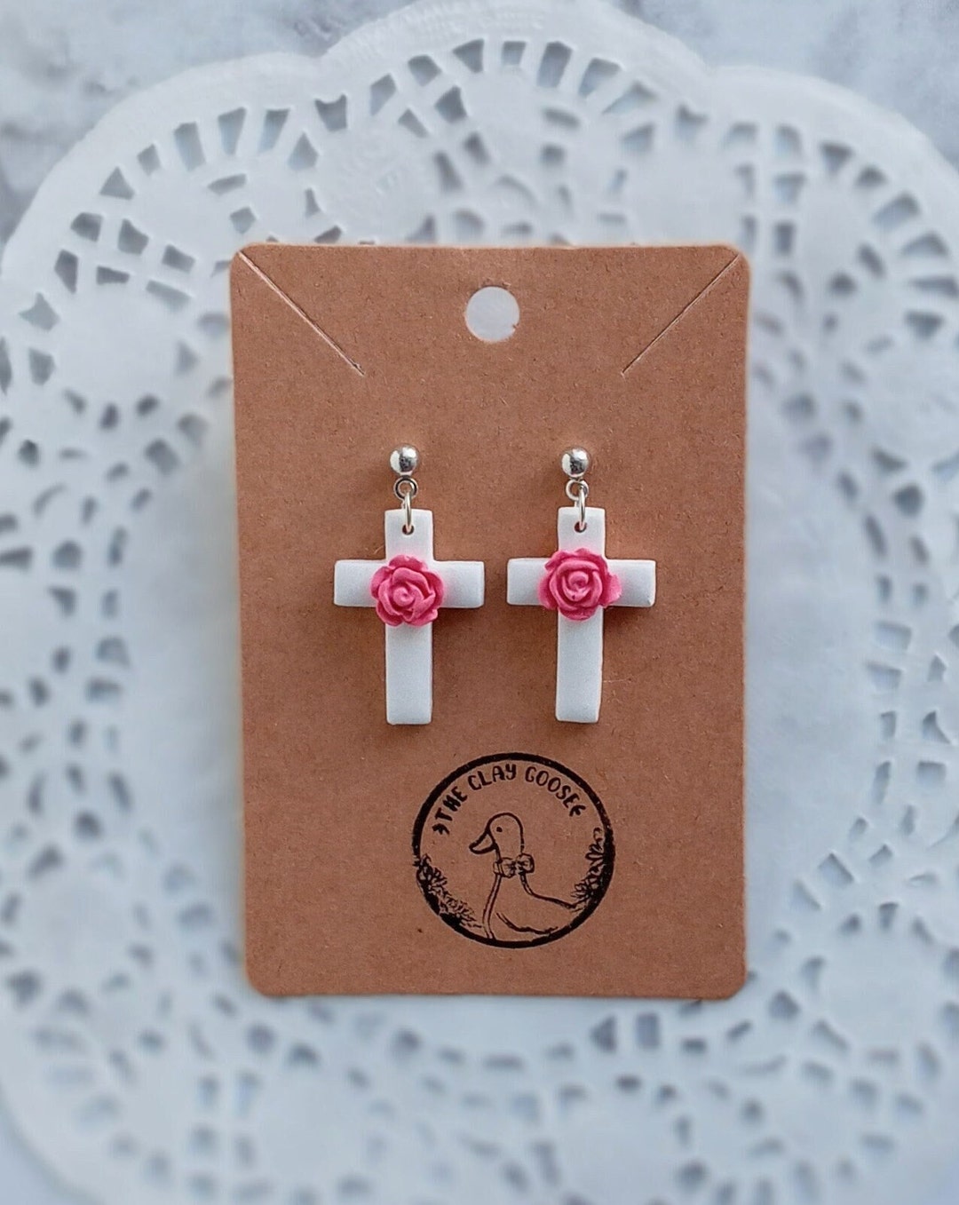 Pink Rose Cross Earrings - Etsy