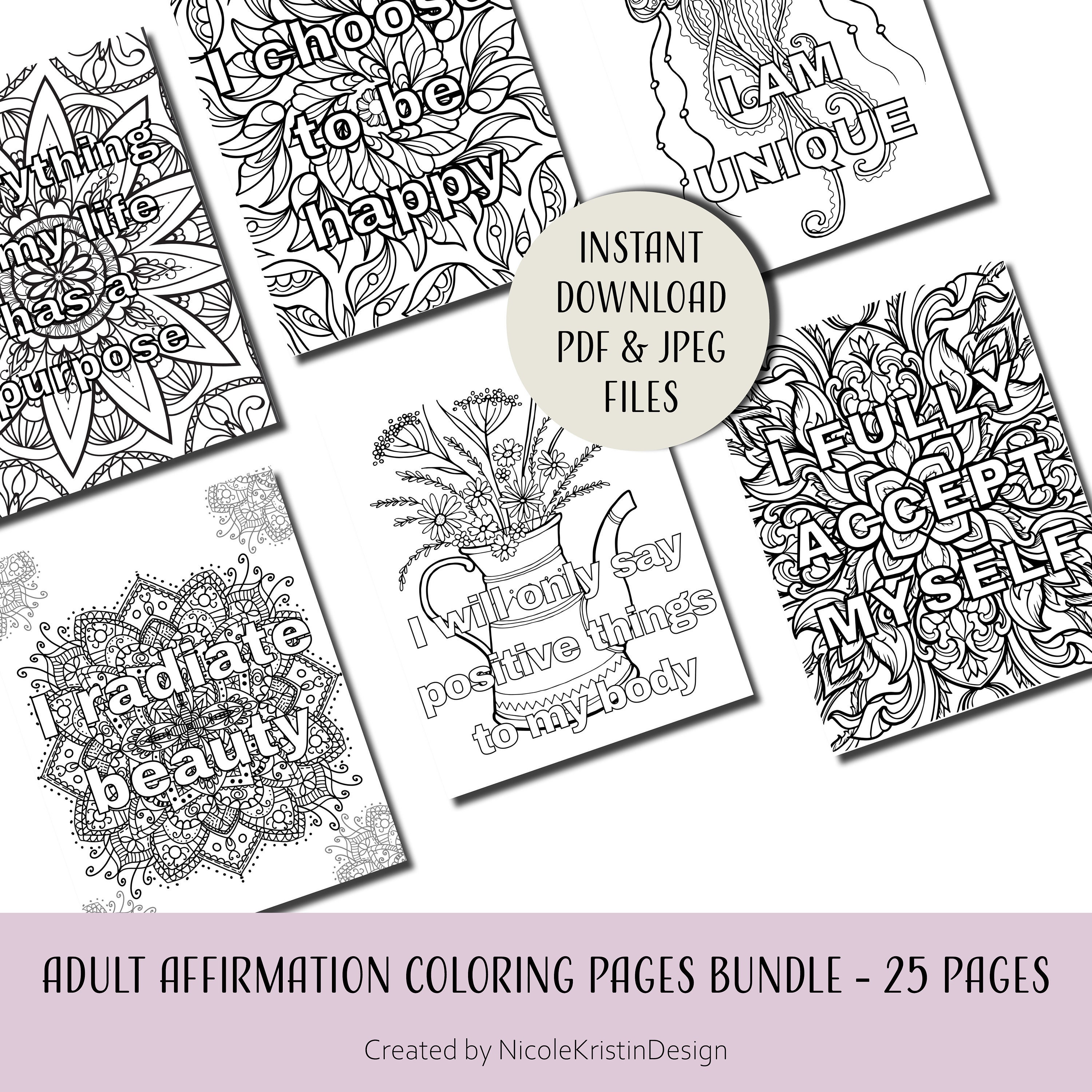 Adult Positive Affirmations Coloring Pages Bundle - 25 Pages, Adult ...