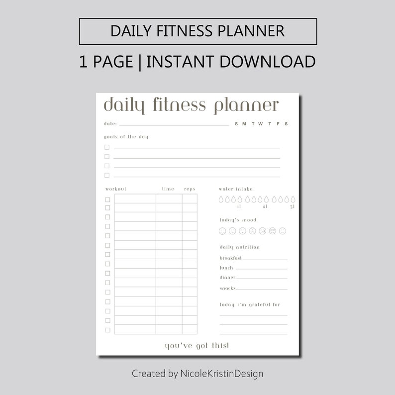 Daily Fitness Planner Printable, Instant Download, Daily Fitness Log ...
