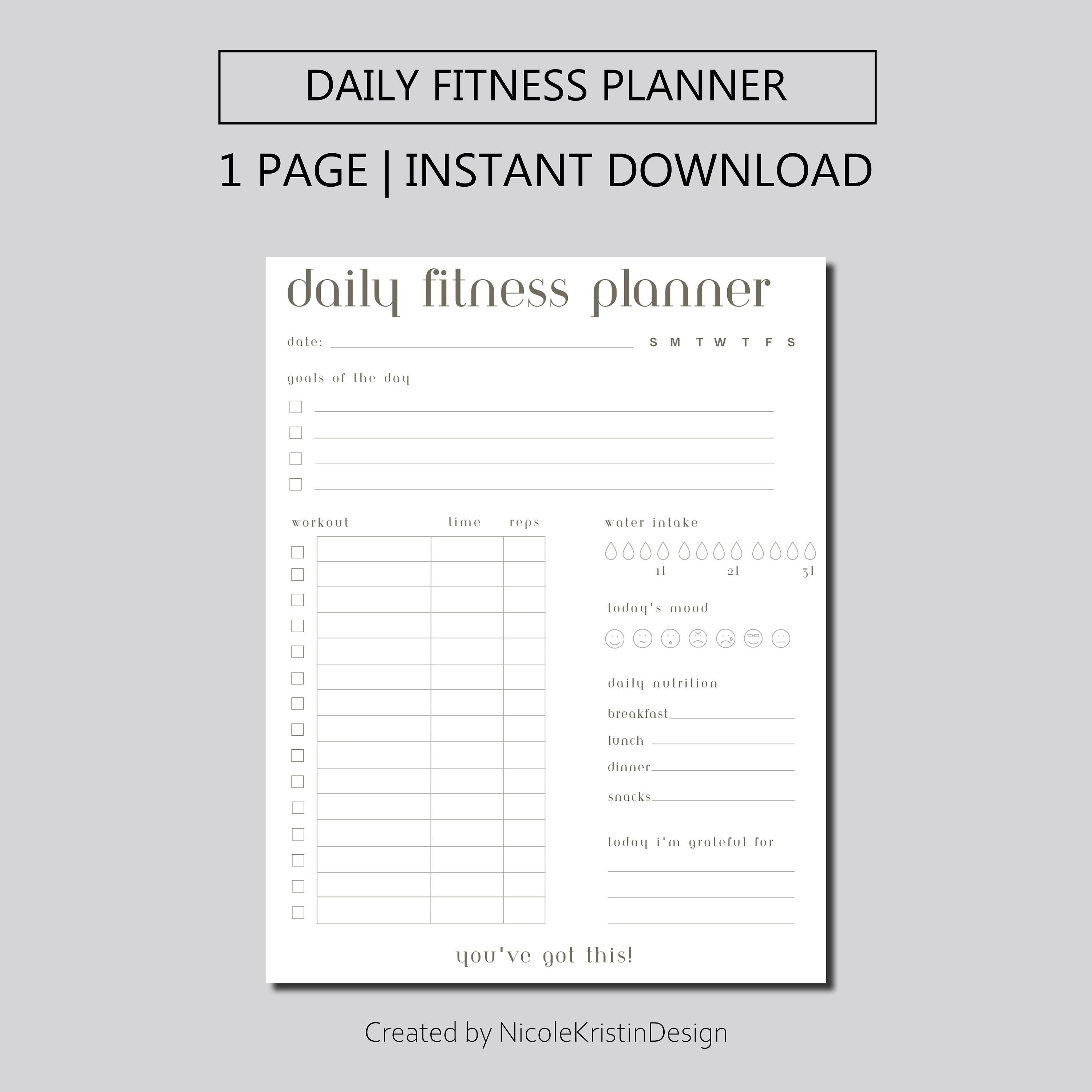 Daily Fitness Planner Printable, Instant Download, Daily Fitness Log ...