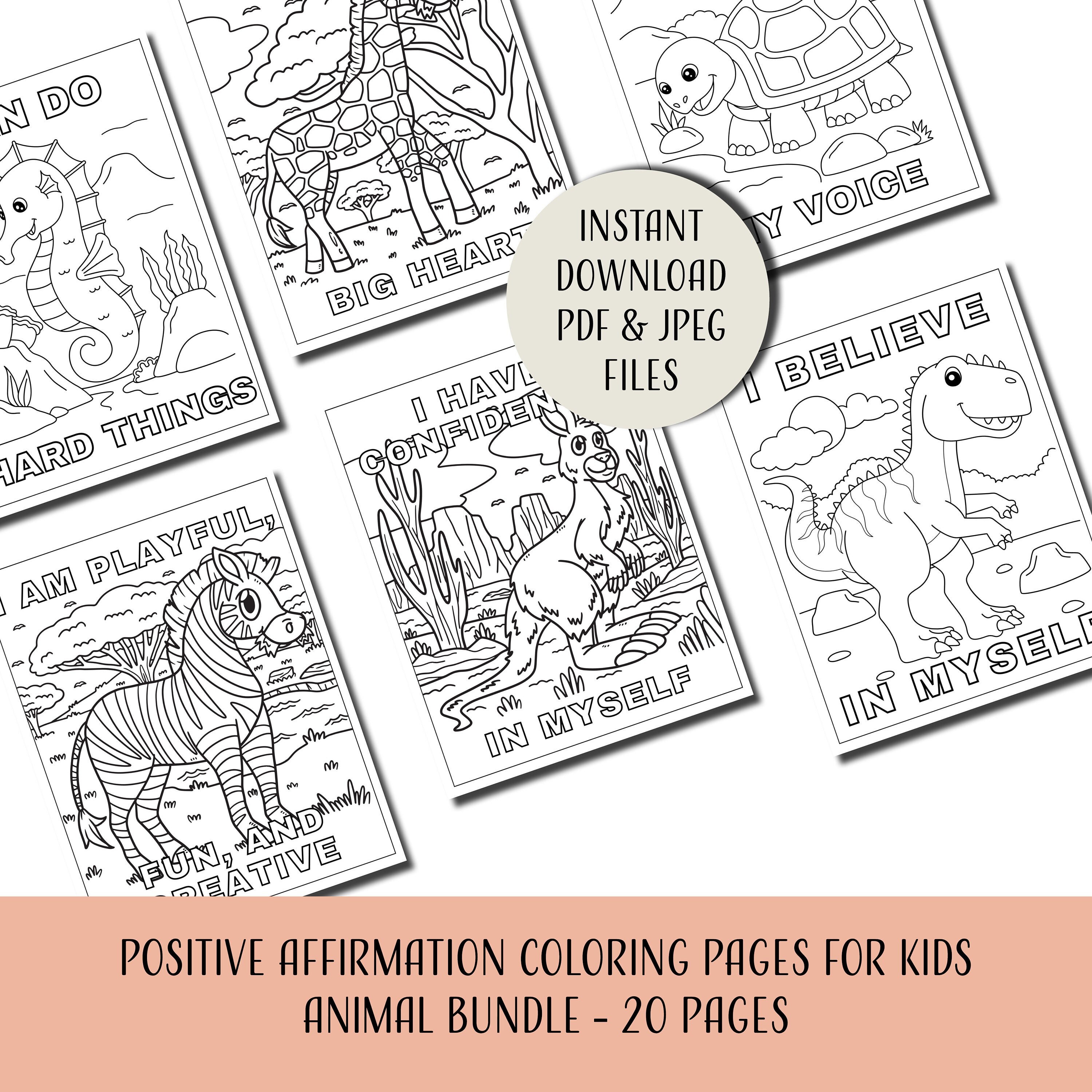 Positive Affirmation Coloring Pages for Kids Printables, 20 Animal ...