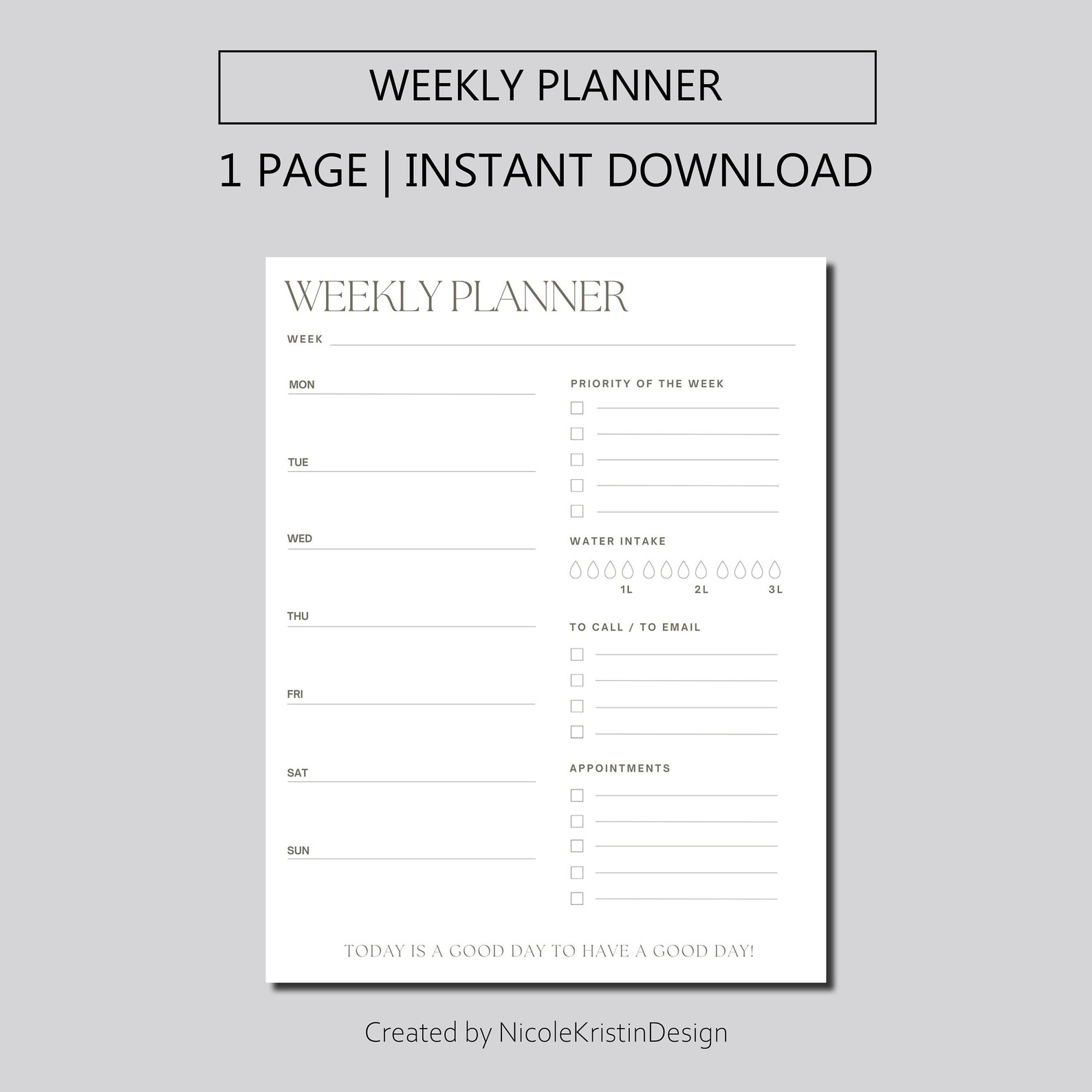 Weekly Planner Printable, Instant Download, Weekly to Do List and ...