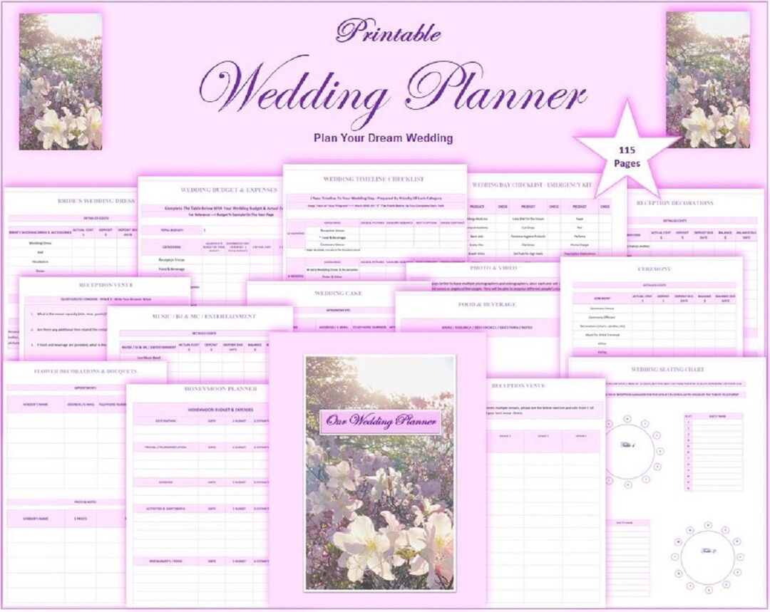 115 Pages Wedding Planner Printable, PDF Wedding Planning Kit ...