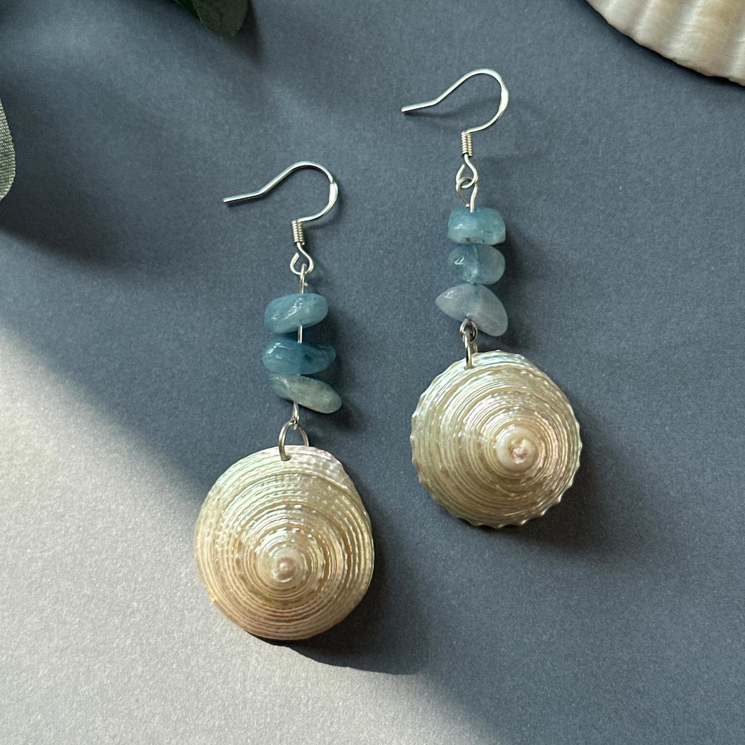 Boho Chic Seashell Earrings With Aquamarine Stone, Summer White Shell ...