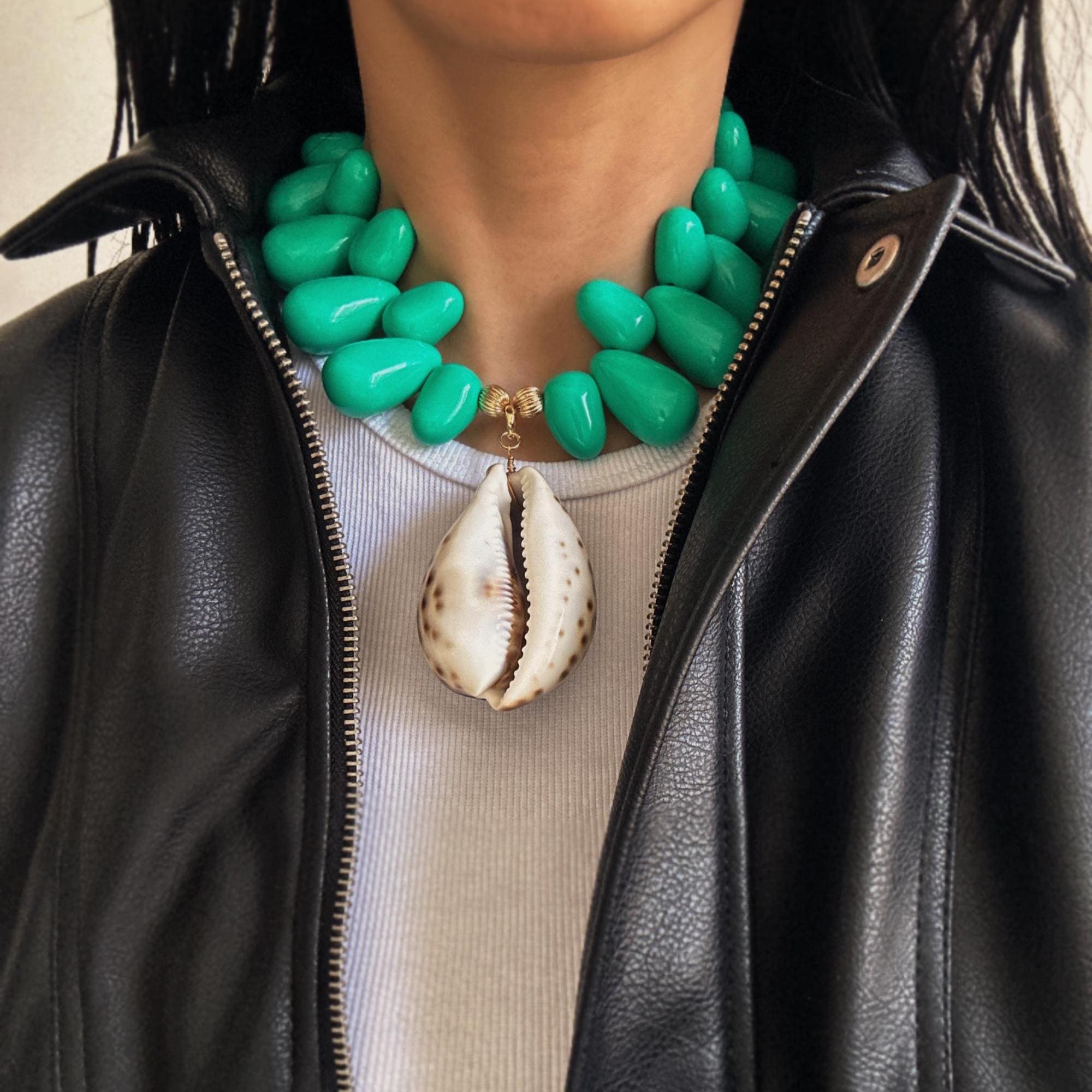 Chunky Sea Shell Necklace • Large Green Teardrop Beads • Real Seashell ...