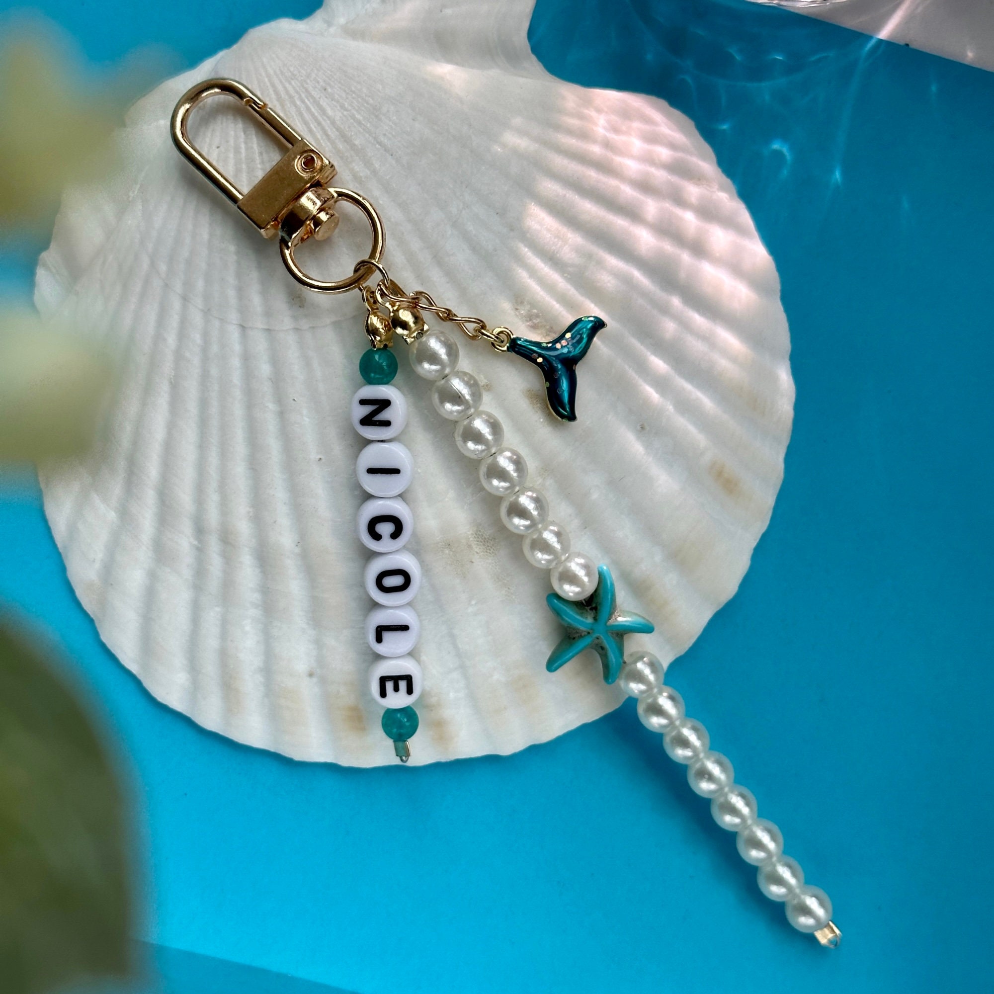 Ocean Keychain With Starfish and Mermaid Tail, Pearl Key Chain, Initial ...