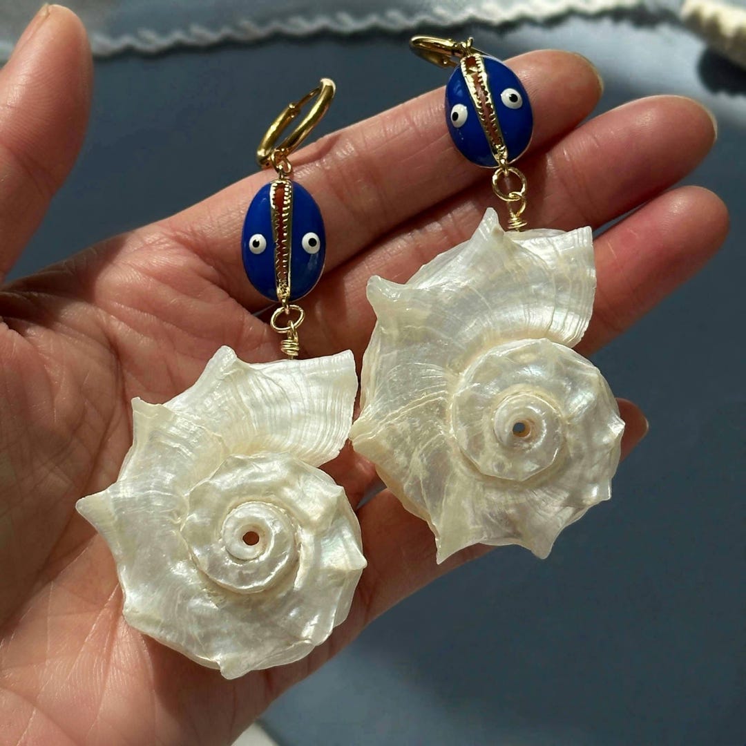 Natural Shell Earrings With Blue Evil Eye Charms, Real Sea Shell ...