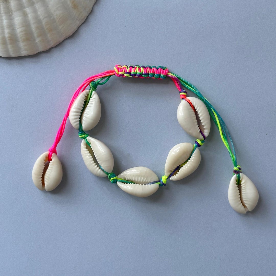 Beach Vibes Sea Shell Bracelet, Natural Cowrie Rope Bracelet, Colorful ...