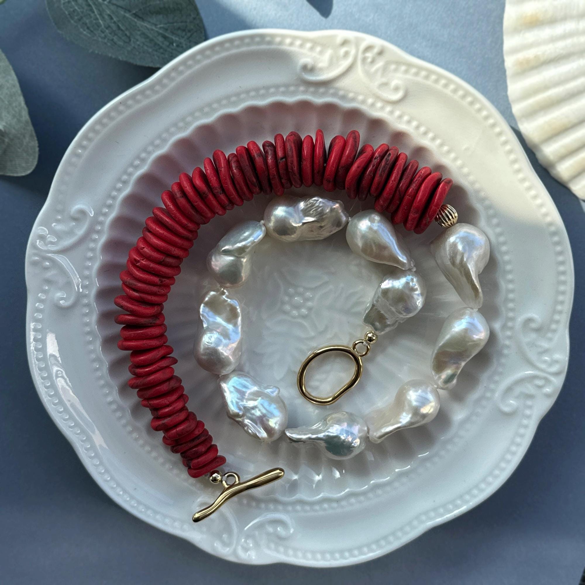 AAAAA Baroque Pearl Necklace With Red Turquoise Tone Stone • Statment ...