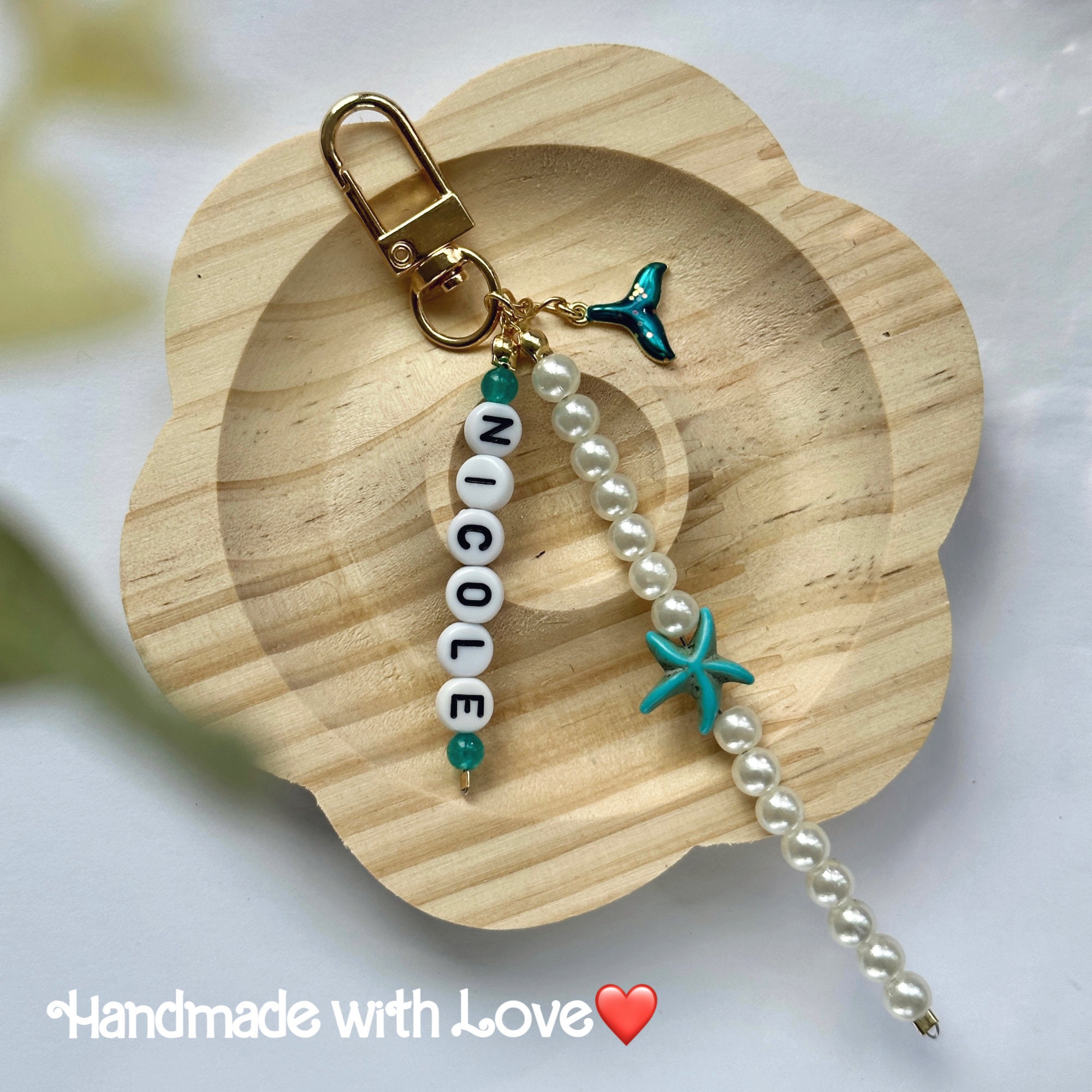 Ocean Keychain With Starfish and Mermaid Tail, Pearl Key Chain, Initial ...