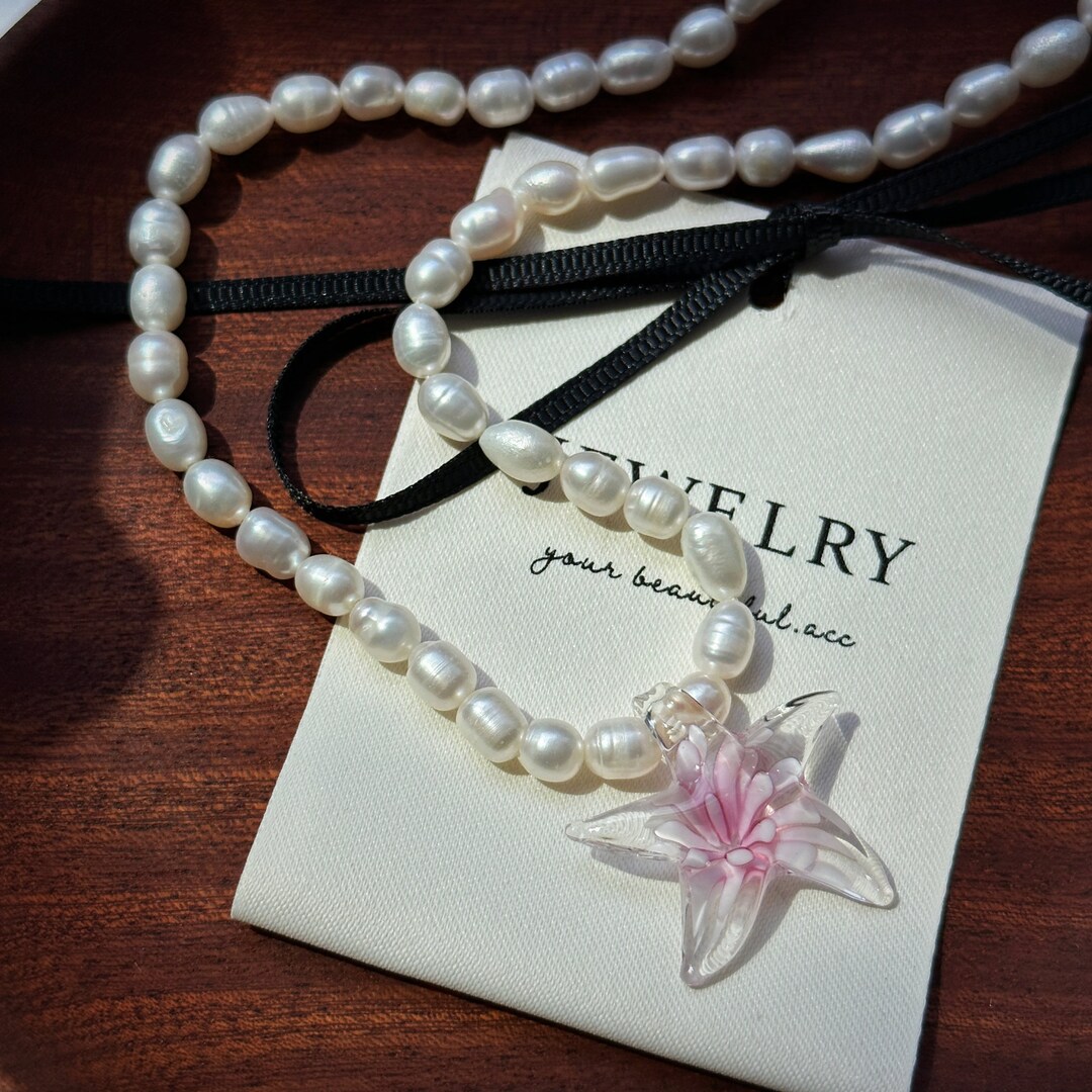 Starfish Pendant Necklace, Boho Starfish Pearl Necklace, Murano Glass ...