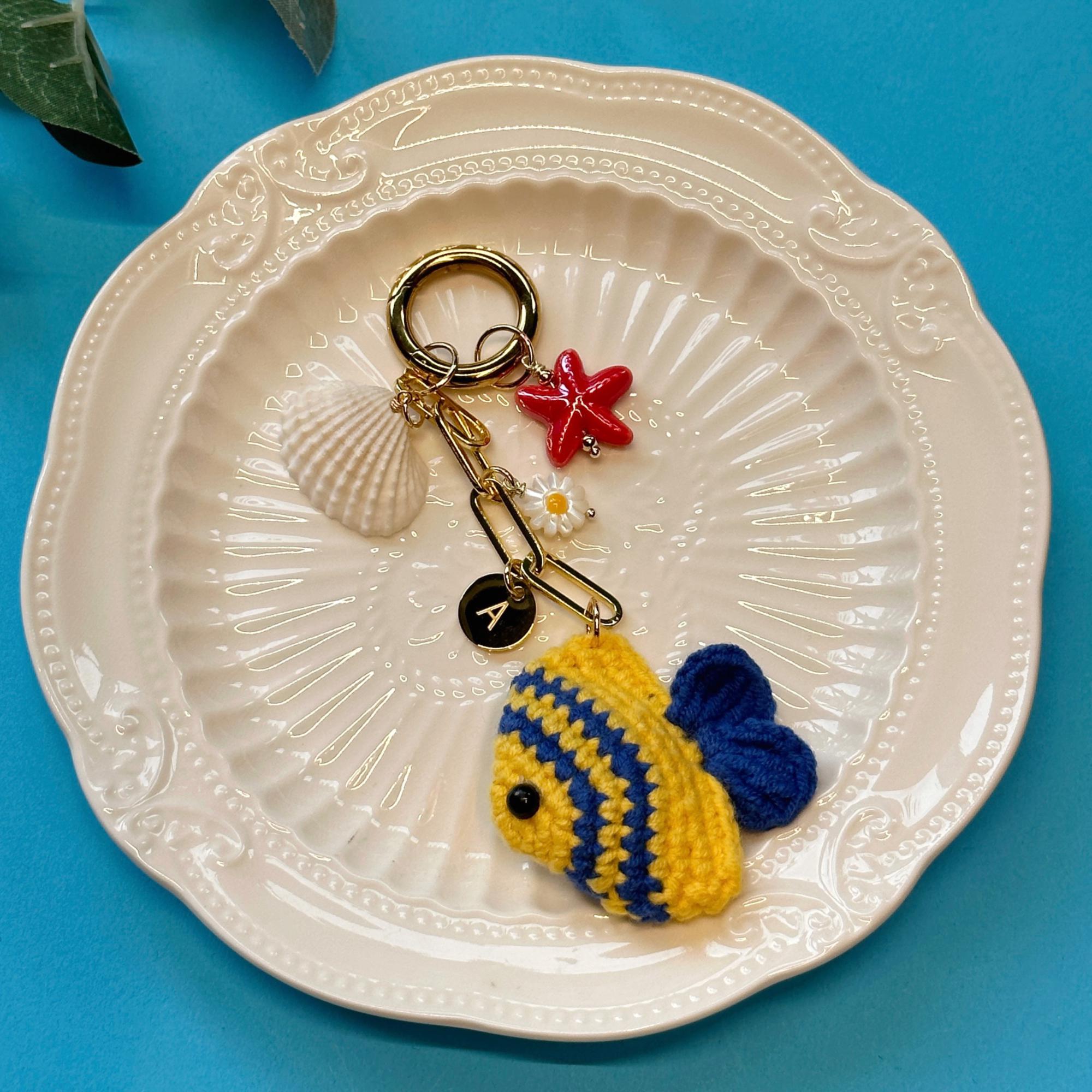 Cute Fish Bag Charm With Initial and Real Sea Shell, Sea Life Bag Charm ...