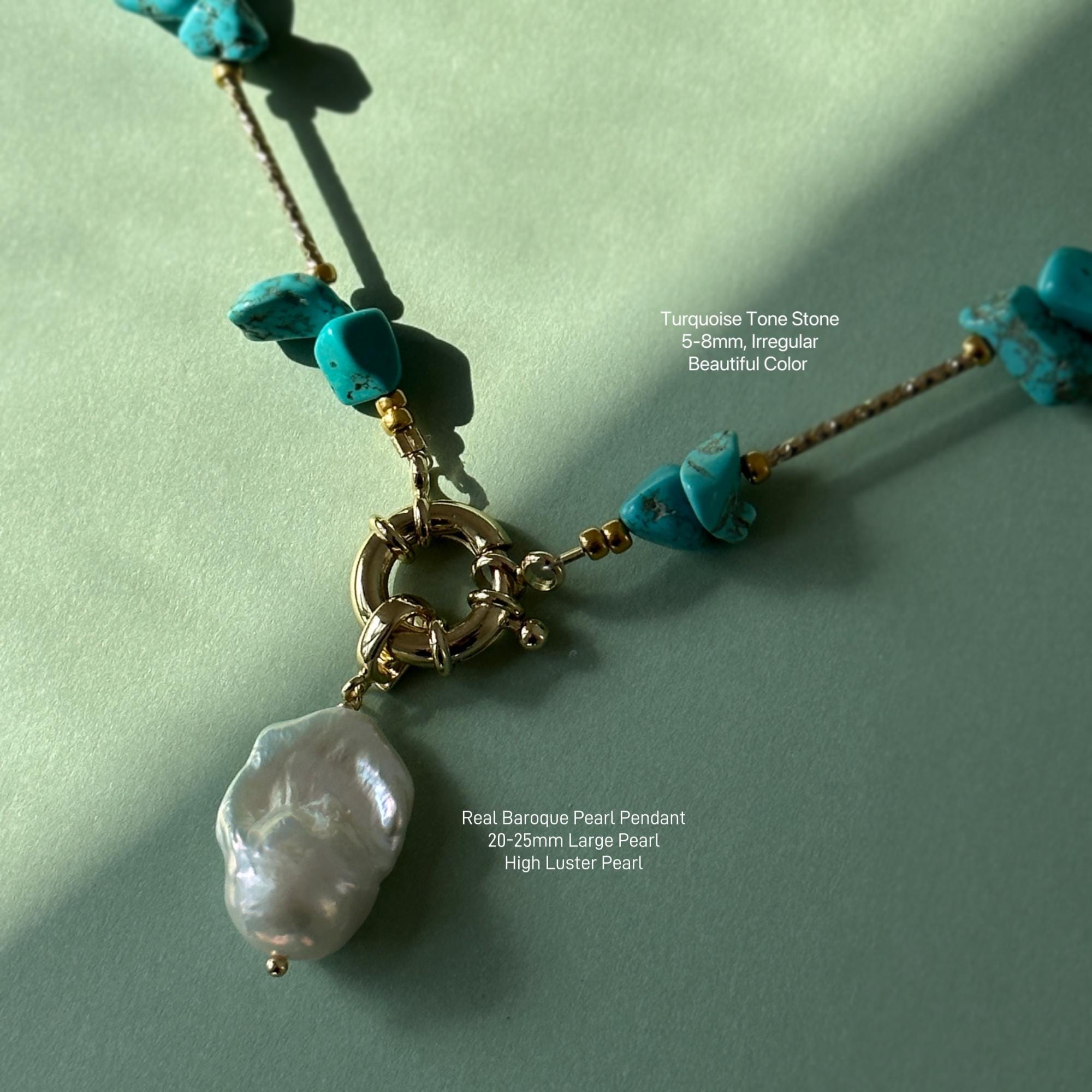 3 in 1 Baroque Pearl Pendant Necklace, Turquoise Tone Gem Necklace ...