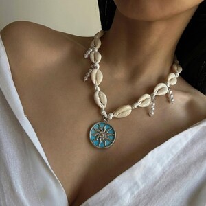 Natural Sea Shell Choker With Sun Pendant, Summer Seashell Necklace ...
