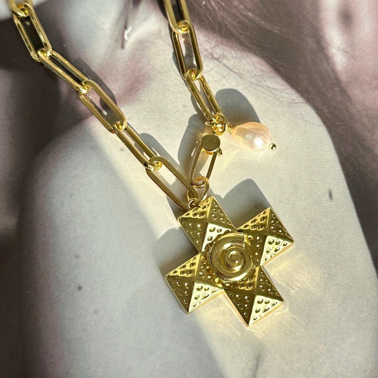 Chunky Swirl Cross Necklace With Freshwater Pearl Charm, Large Cross ...