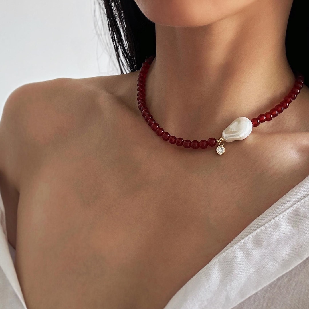 Dainty Red Carnelian Necklace With Large Baroque Pearl Charm, Ruby Red ...