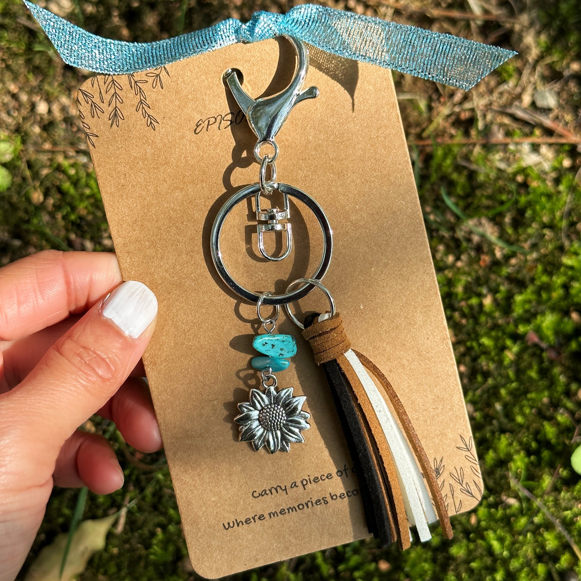 Tassel Keychain, Keychain With Turquoise Stone, Sunflower and Tassle ...