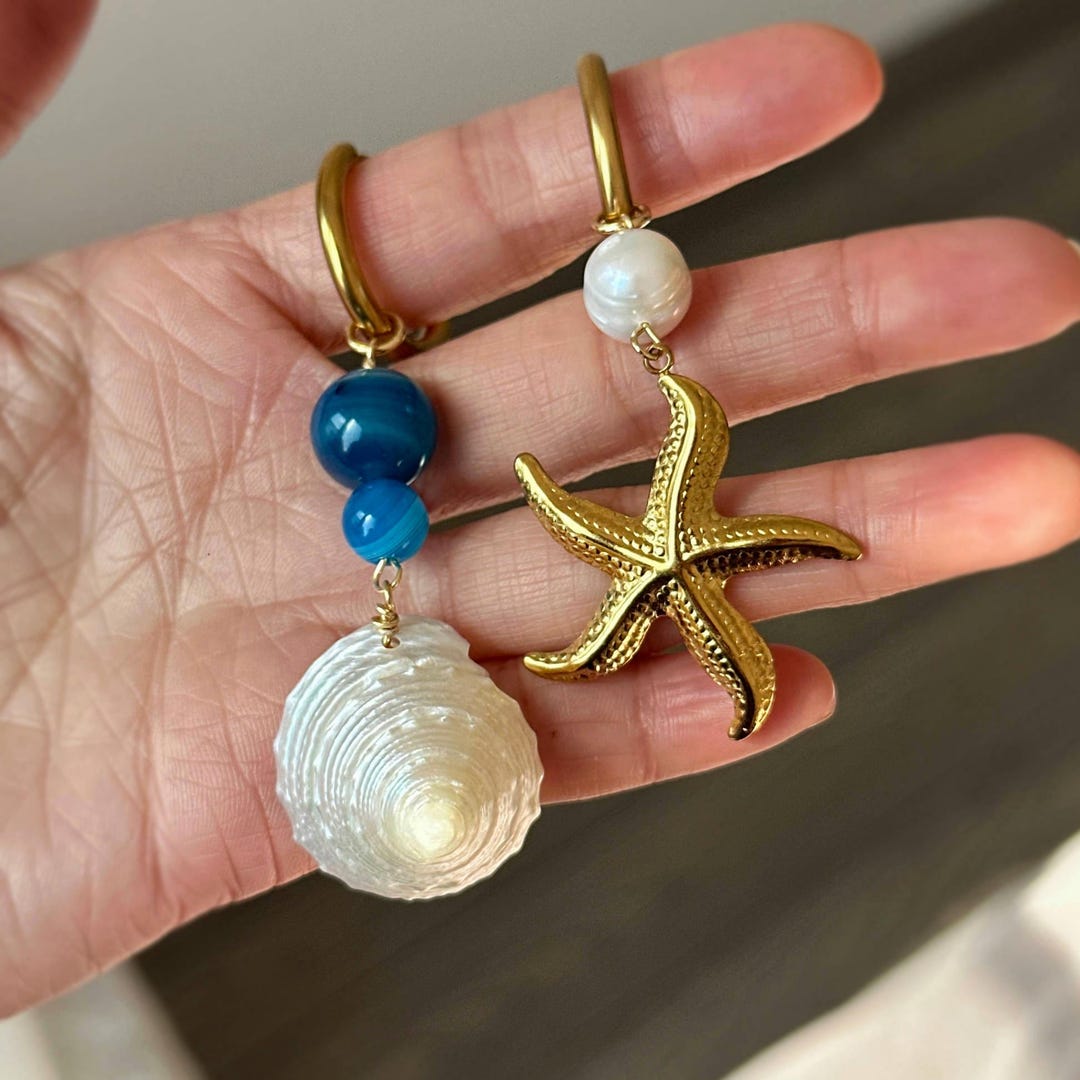 Bold Statement Real Shell Earrings, Starfish Earrings With Real Pearl ...