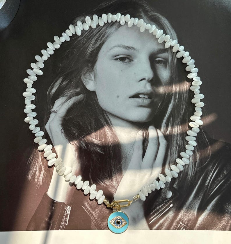 White Sea Shell Necklace With Evil Eye Pendant, Turkish Eye Necklace ...