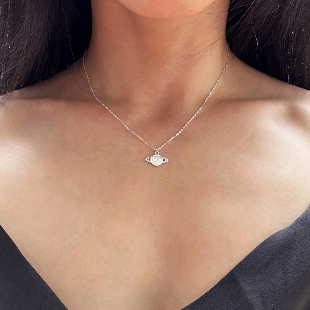 Sterling Silver Planet Necklace, Dainty Saturn Necklace, Celestial ...