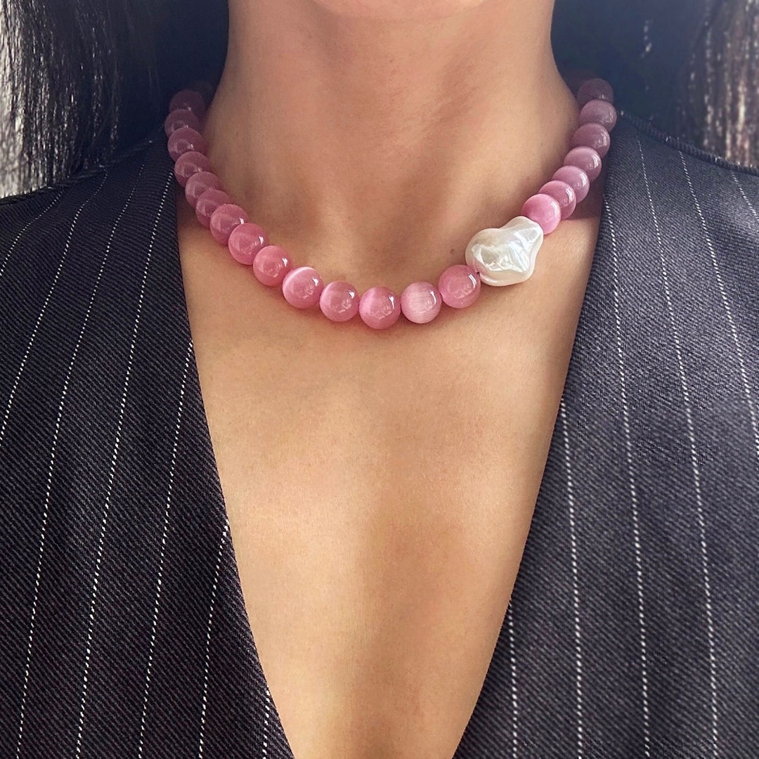 Gorgeous Pink Cat Eye Statement Necklace, Gemstone Beaded Choker Necklace, Baroque Pearl Chunky ...