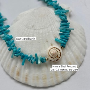 Blue Coral Necklace With Natural Shell Pendant, Dainty Sea Shell ...