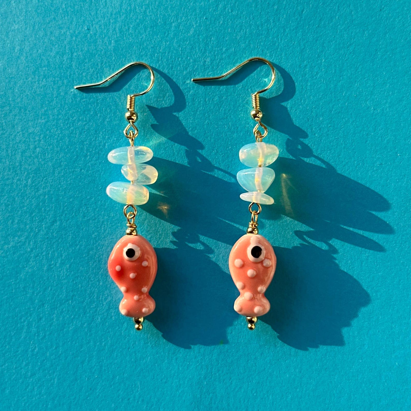 Mermaid Pink Fish Earrings • Ceramic Fish Charm • Glowing Opalite Stone ...