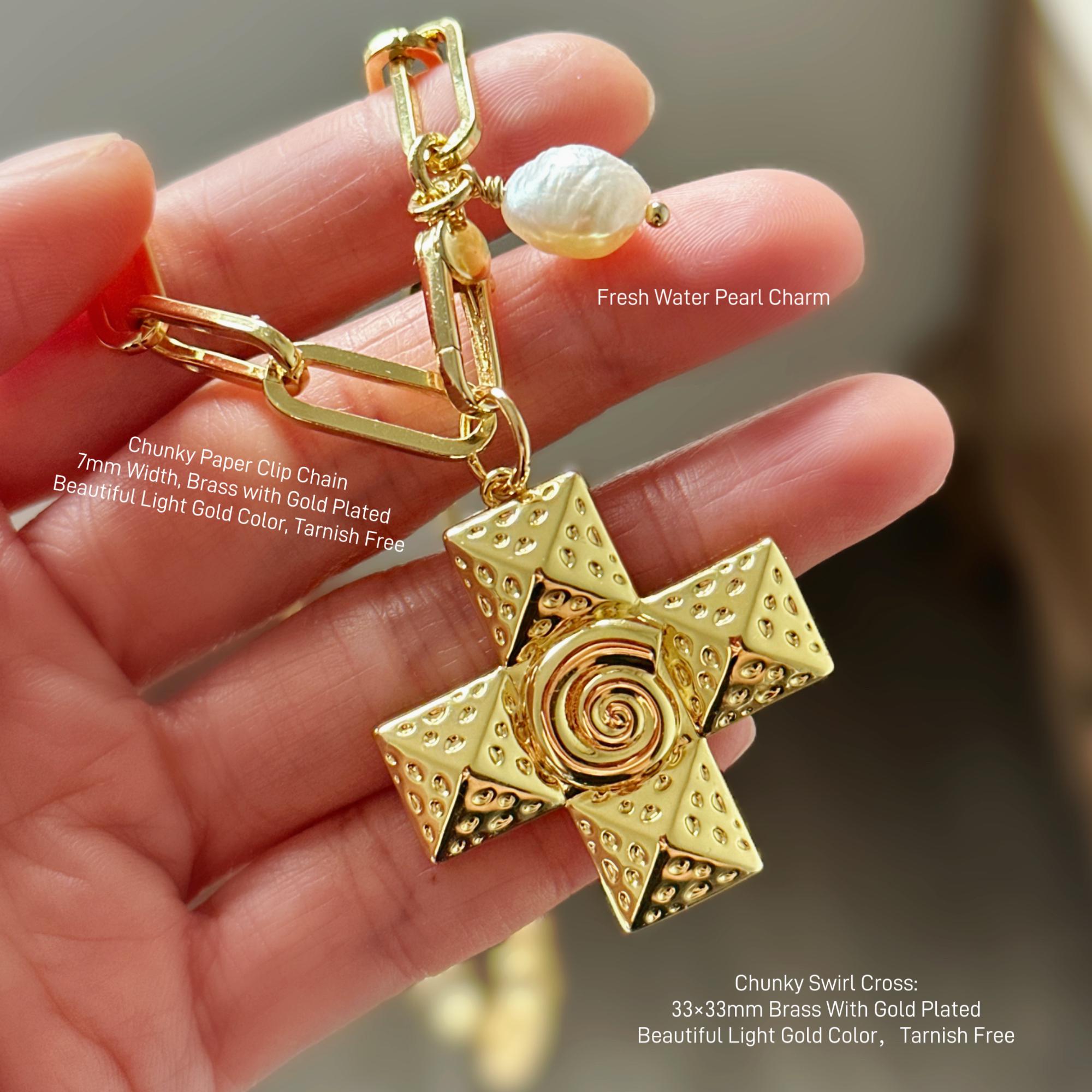 Chunky Swirl Cross Necklace With Freshwater Pearl Charm, Large Cross ...