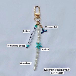 Ocean Keychain With Starfish and Mermaid Tail, Pearl Key Chain, Initial ...