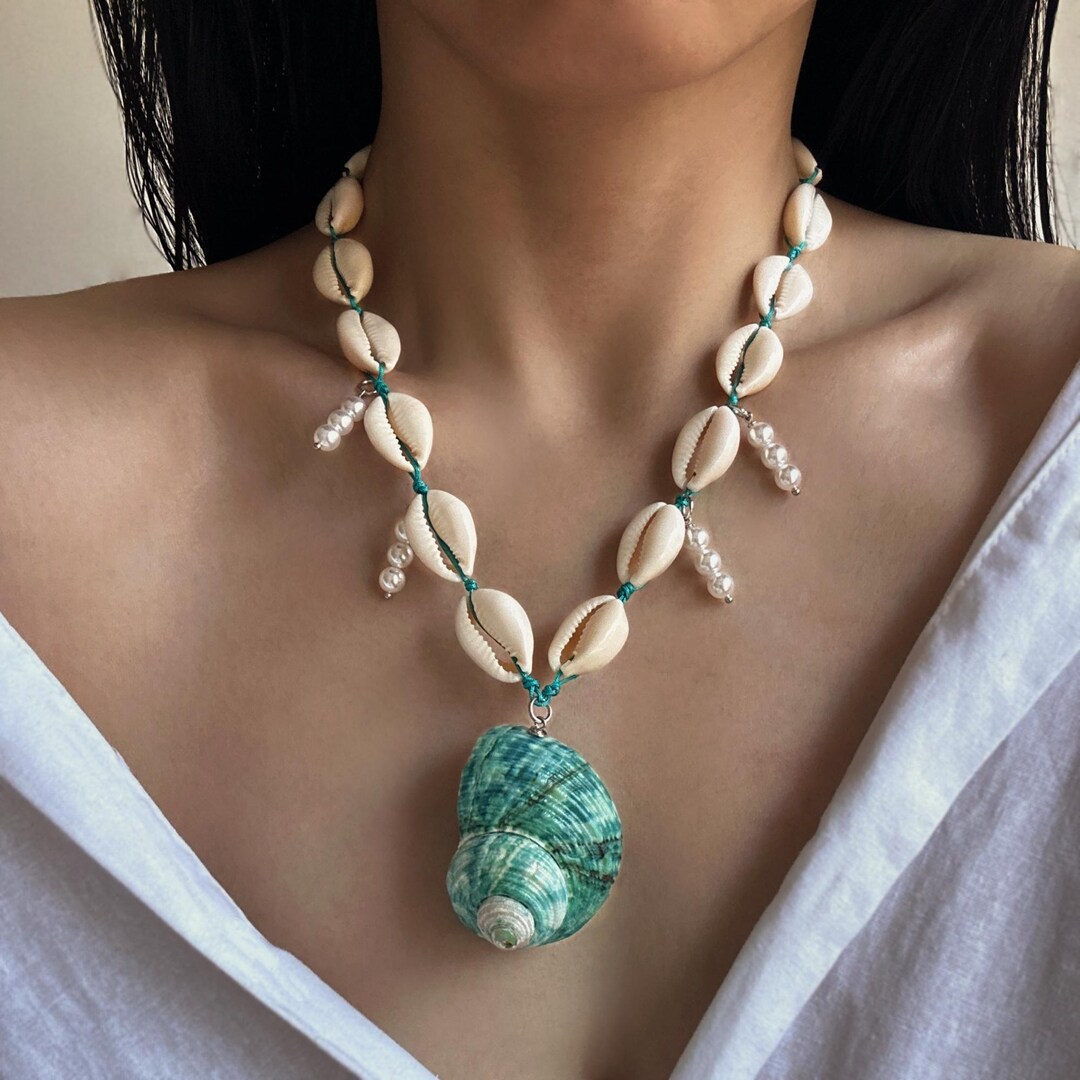 Summer Cowrie Shell Necklace, Green Shell Pendant Necklace, White ...