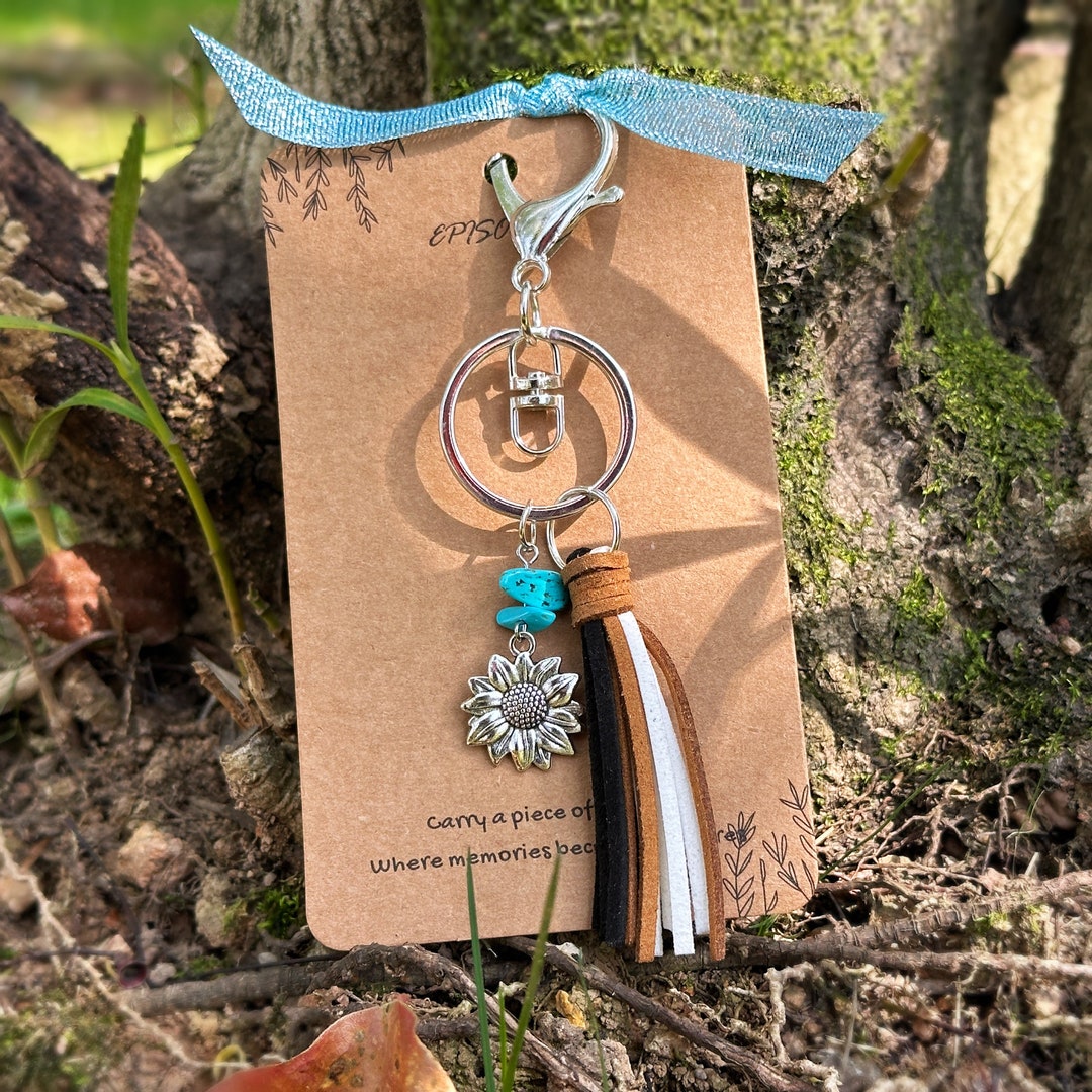 Tassel Keychain, Keychain With Turquoise Stone, Sunflower and Tassle ...