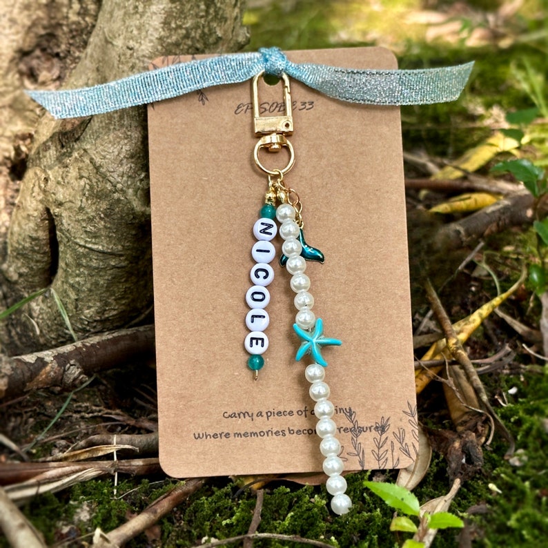 Ocean Keychain With Starfish and Mermaid Tail, Pearl Key Chain, Initial ...