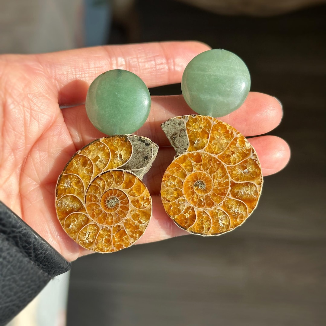Oversized Ammonite Fossil Earrings With Green Aventurine • Shell Fossil ...