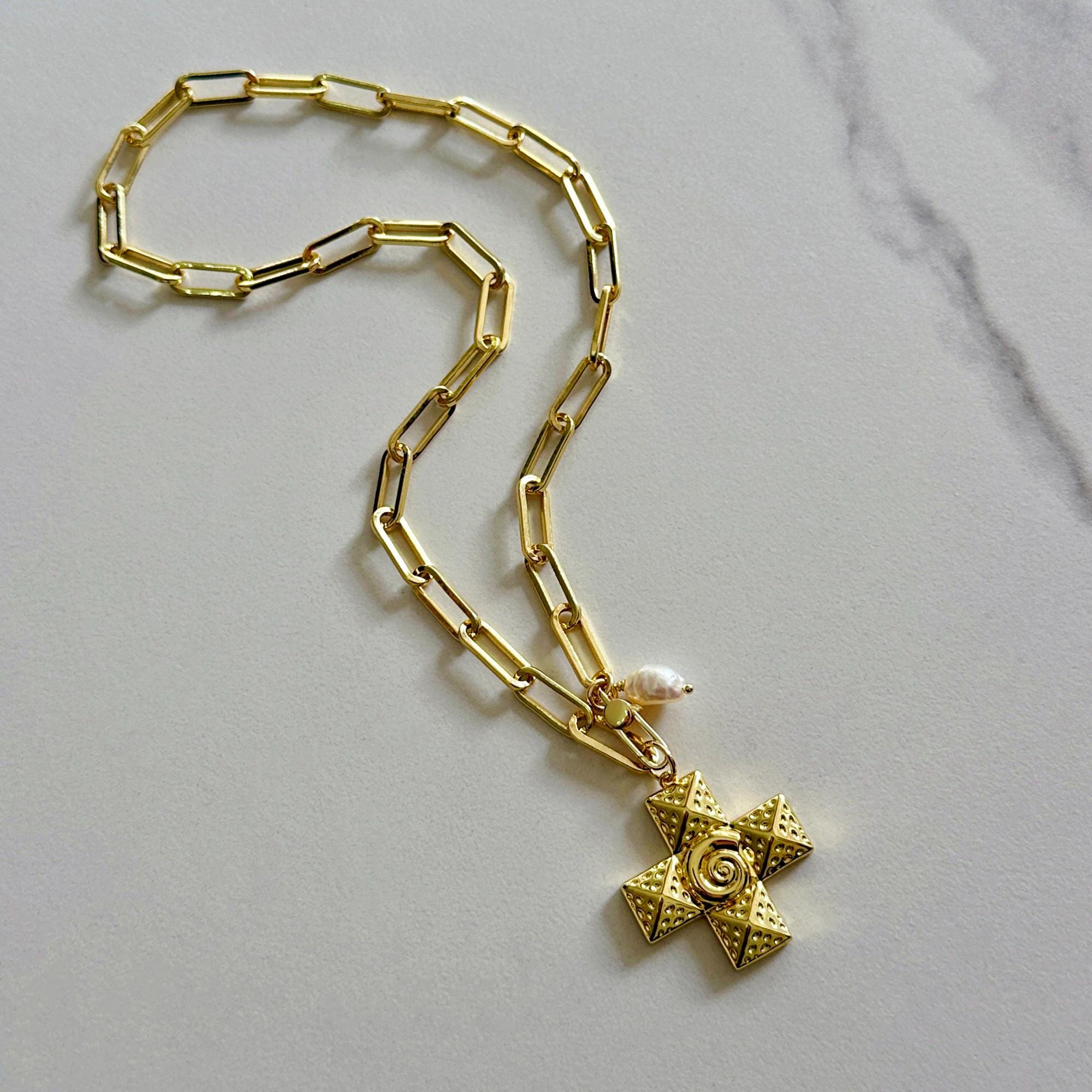 Chunky Swirl Cross Necklace With Freshwater Pearl Charm, Large Cross ...