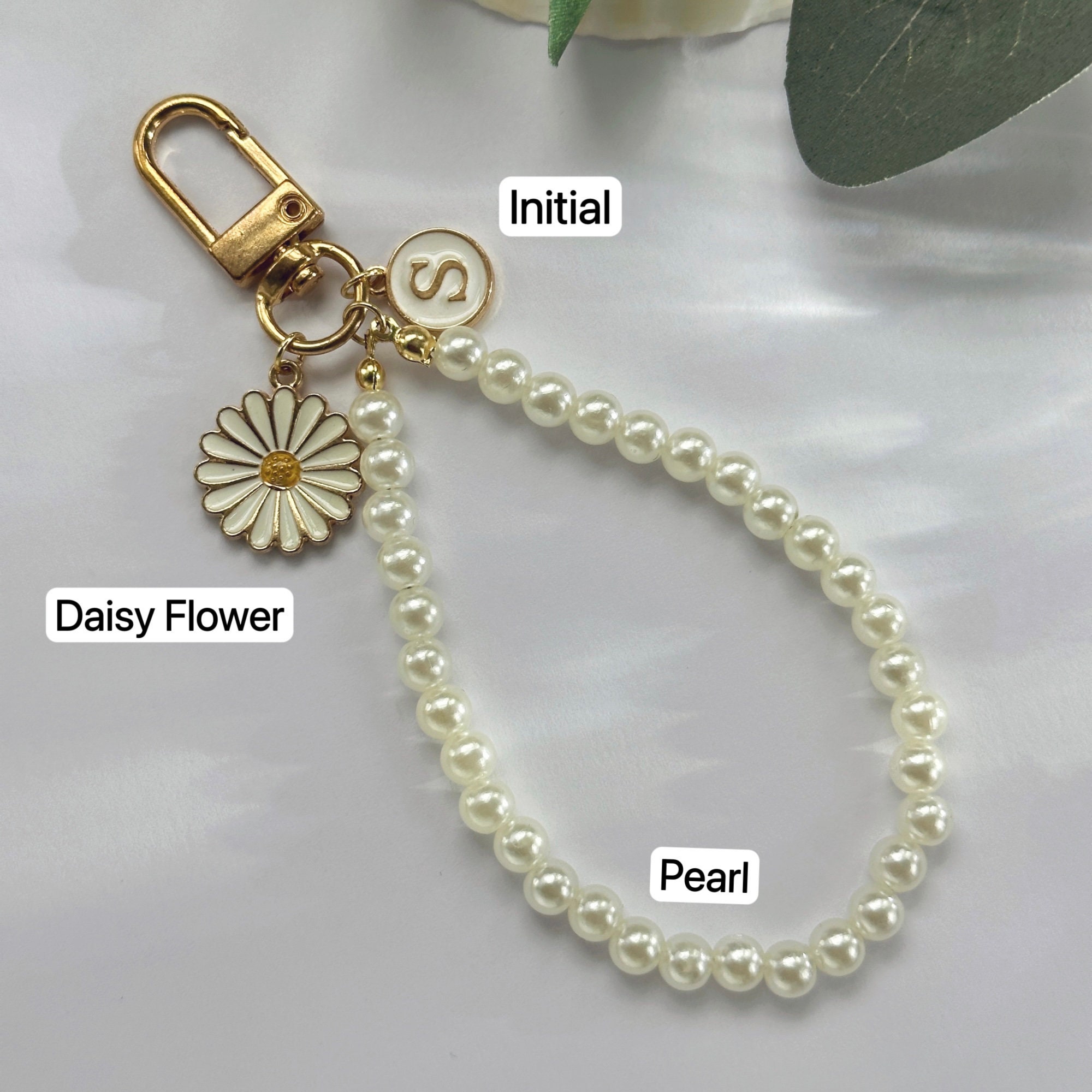 Pearl Wristlet Keychain, Initial Keychain, Pearl Keychain, Beaded Phone ...