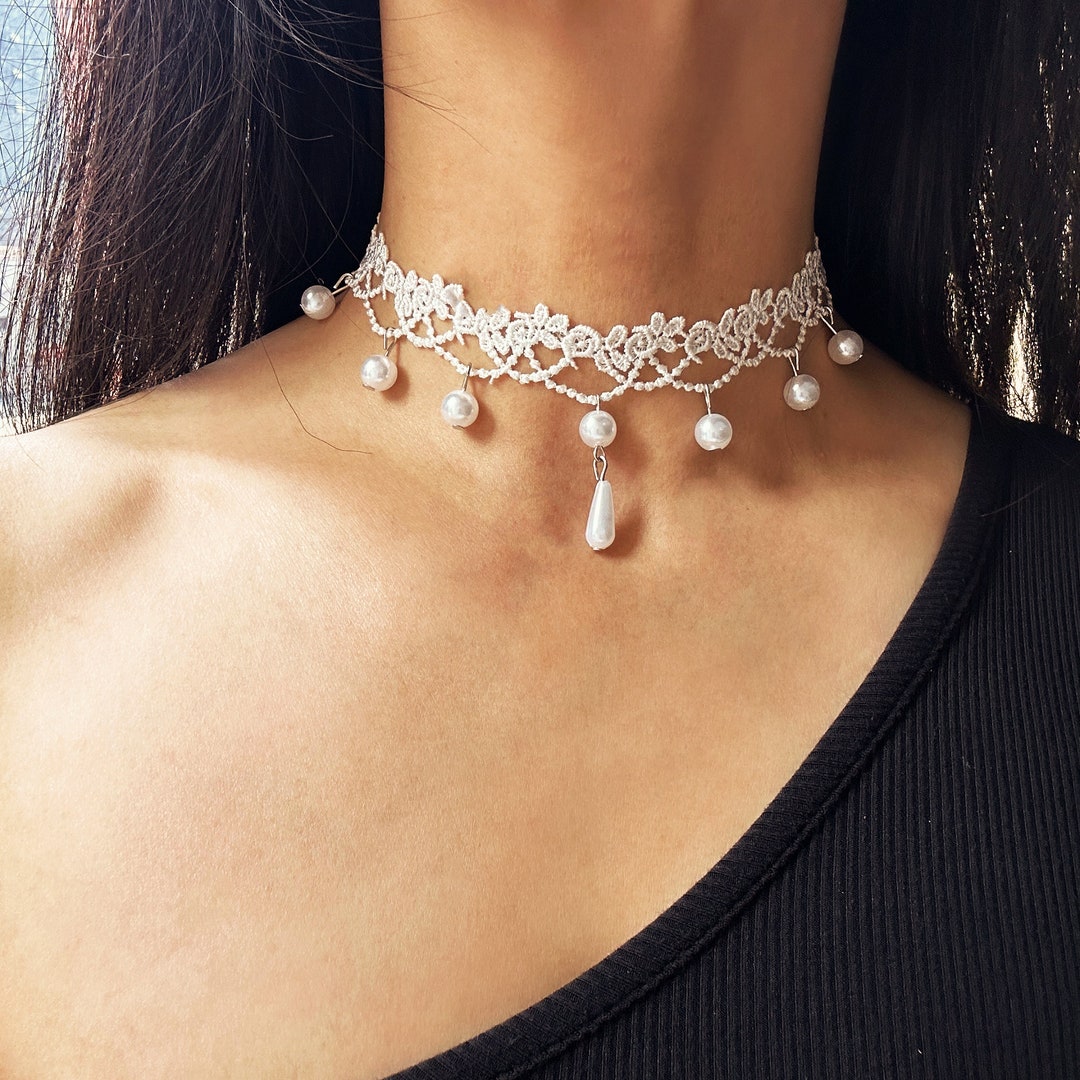 Floral Lace Choker, Dainty Lace Collar, Retro Pearl Charm Lace Choker ...