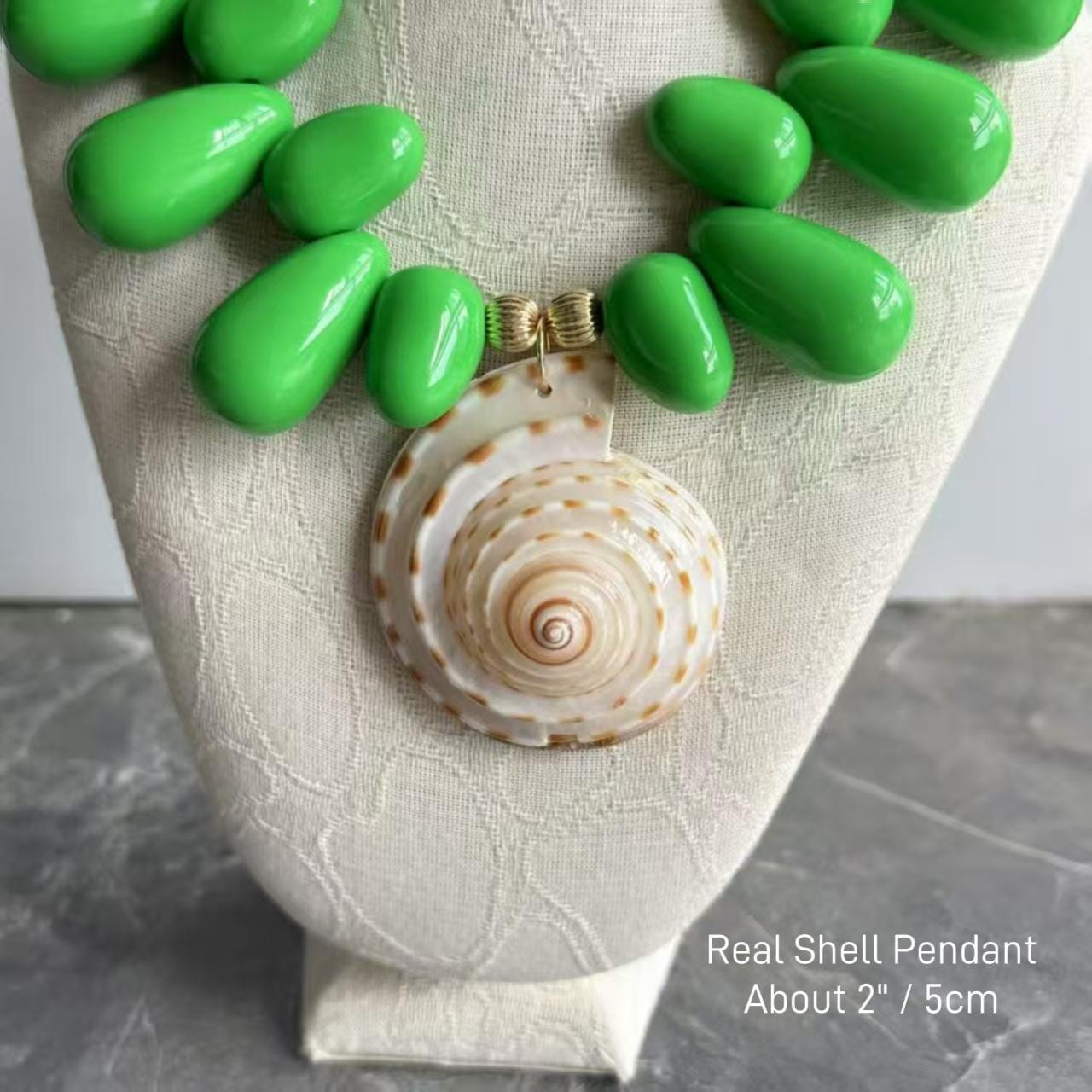 Natural Seashell Necklace • Vivid Green Beaded Necklace With Large ...