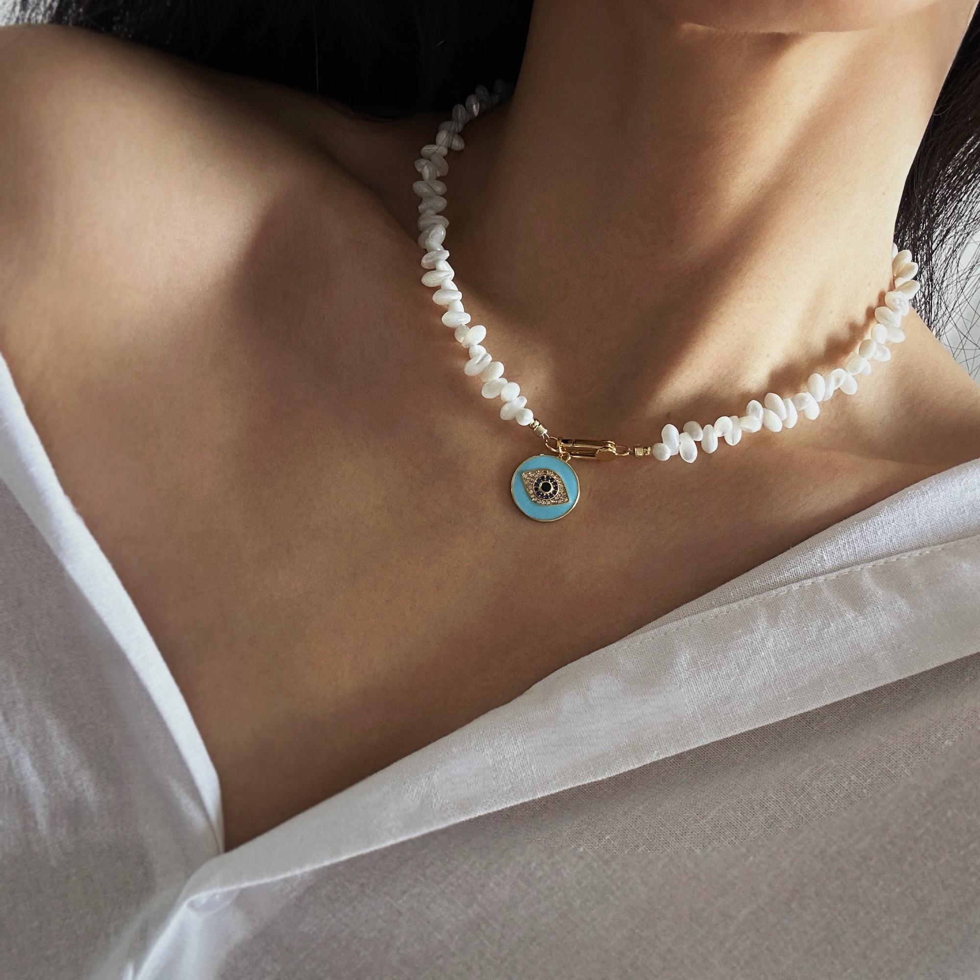 White Sea Shell Necklace With Evil Eye Pendant, Turkish Eye Necklace ...