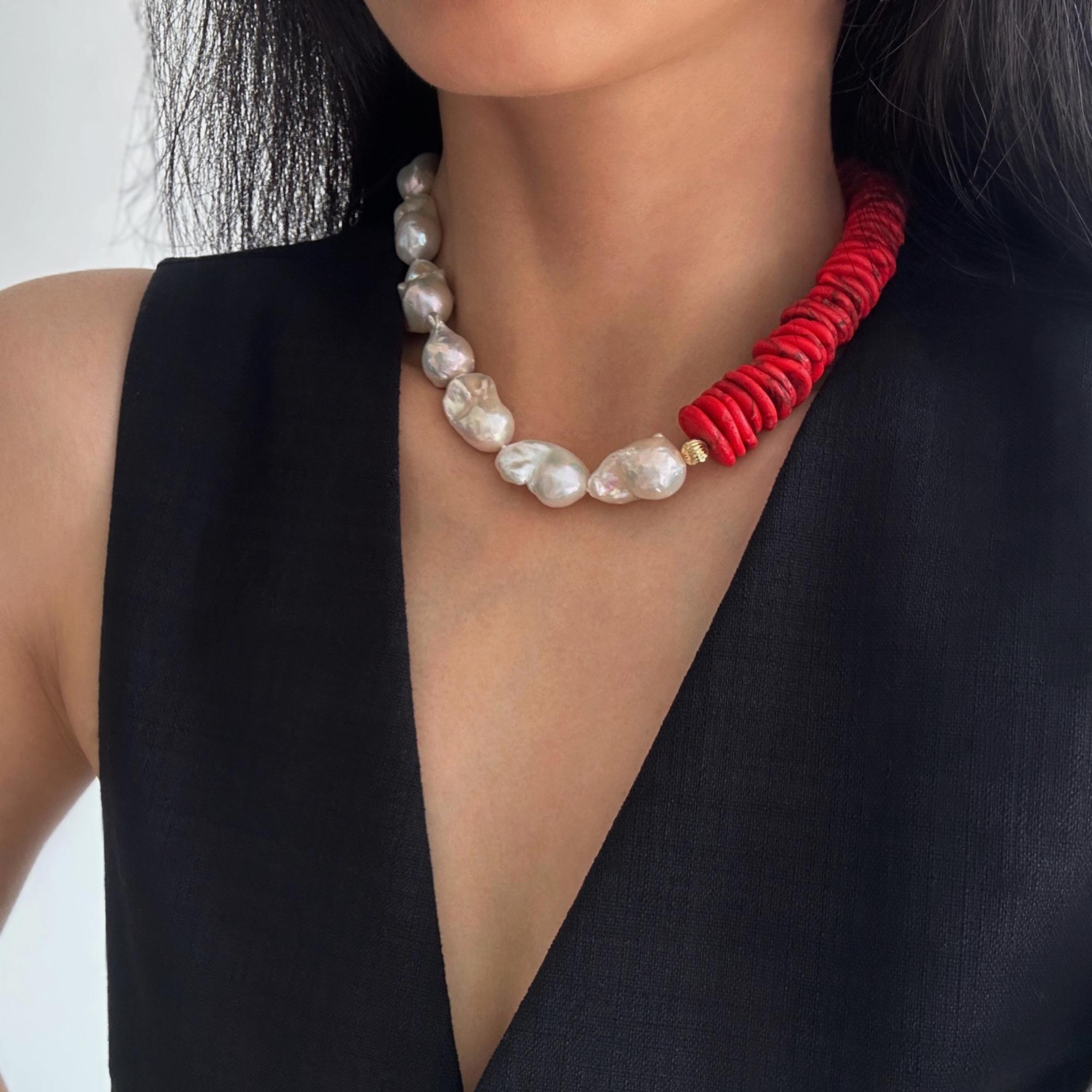 AAAAA Baroque Pearl Necklace With Red Turquoise Tone Stone • Statment ...