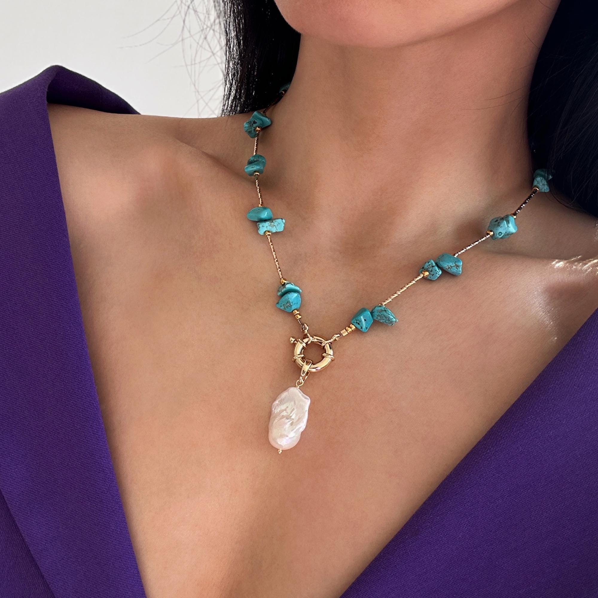 3 in 1 Baroque Pearl Pendant Necklace, Turquoise Tone Gem Necklace ...