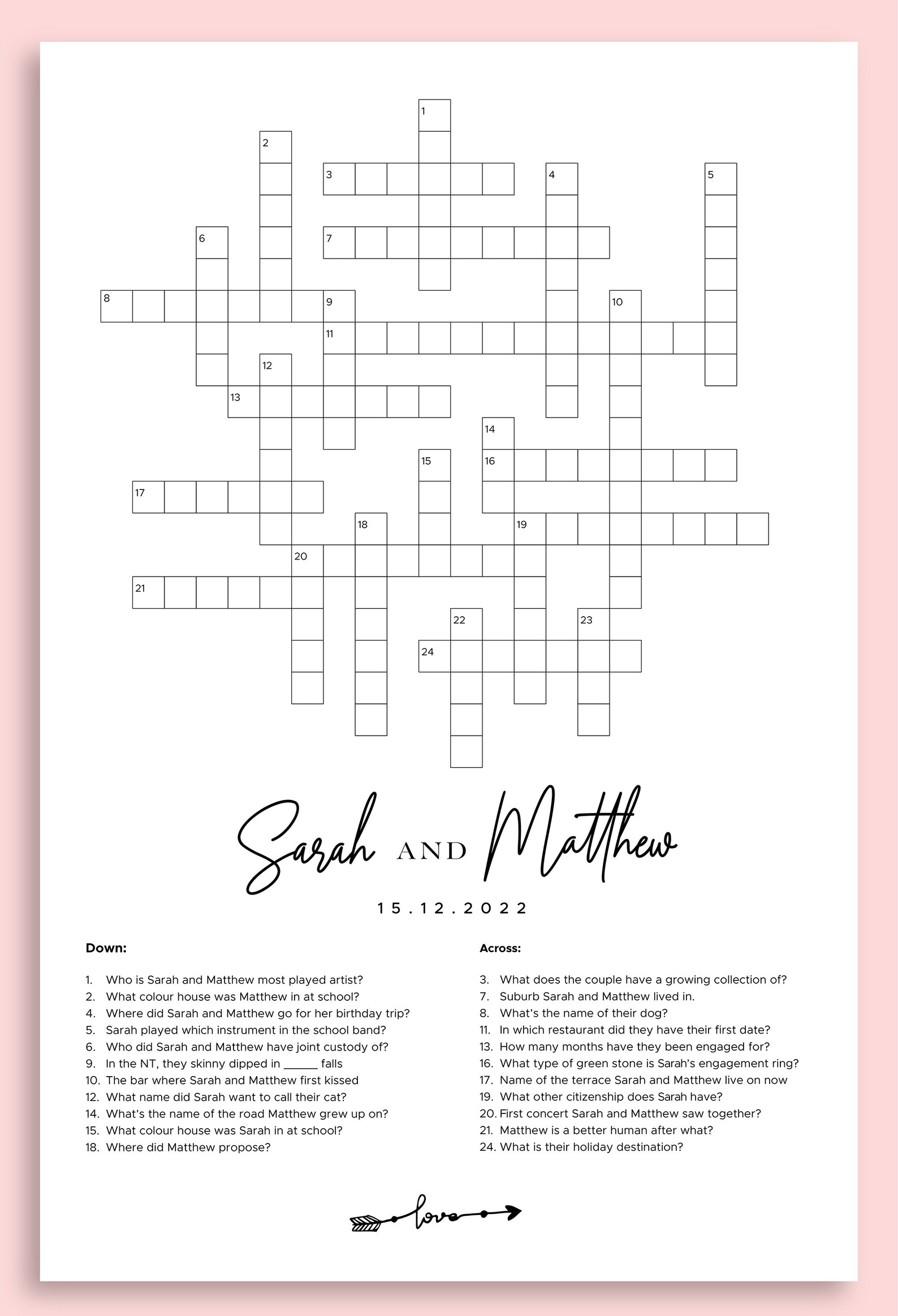 Custom Wedding Crossword Puzzle Template, Personalized Bridal Shower ...