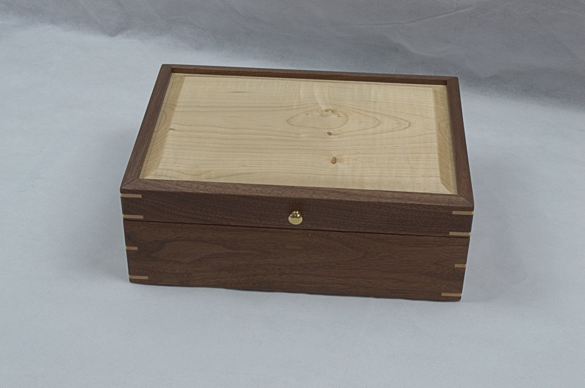 Black Walnut and Curley Maple Keepsake Box, Hinged Lid, Green Felt ...