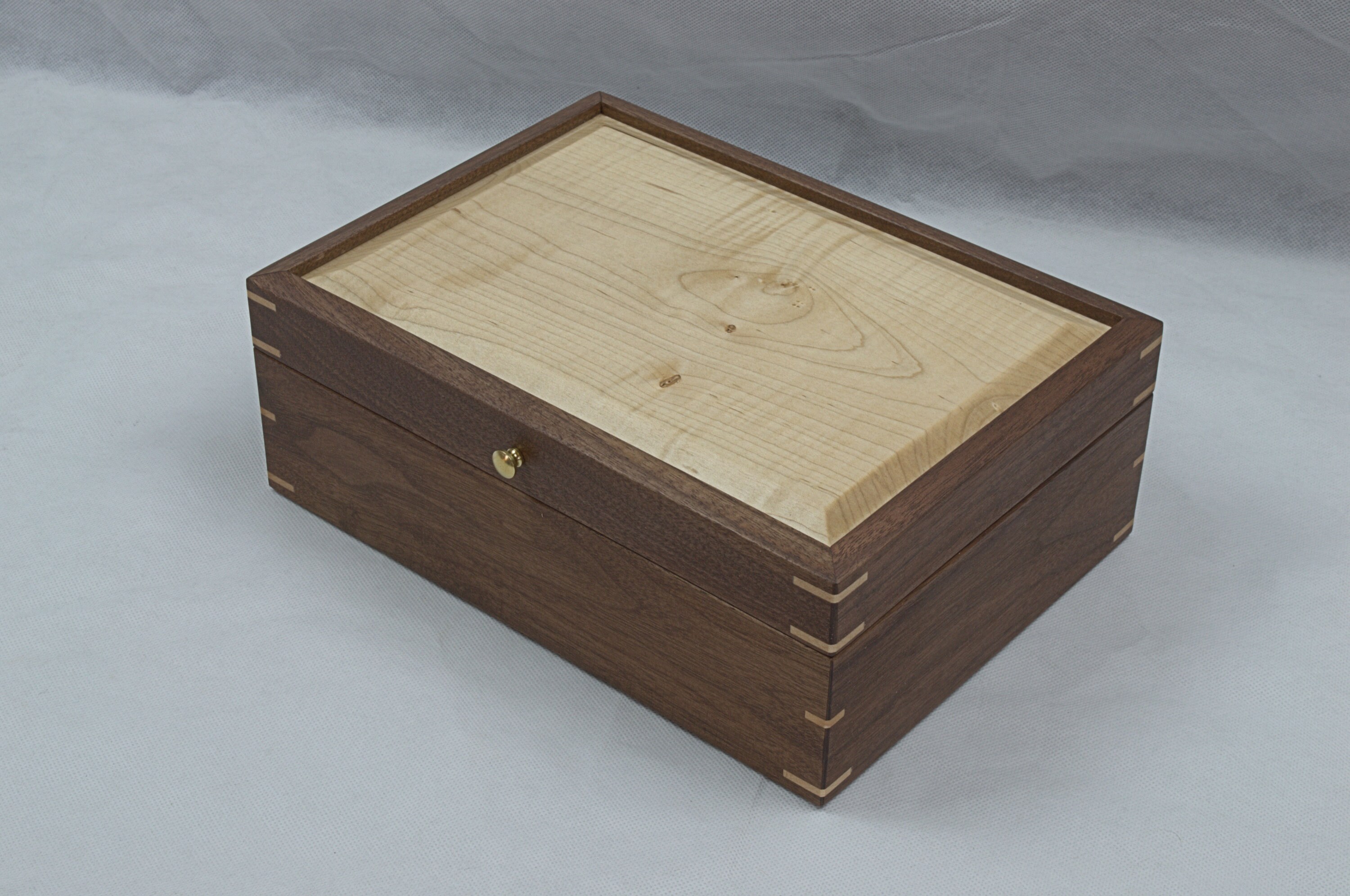 Black Walnut and Curley Maple Keepsake Box, Hinged Lid, Green Felt ...