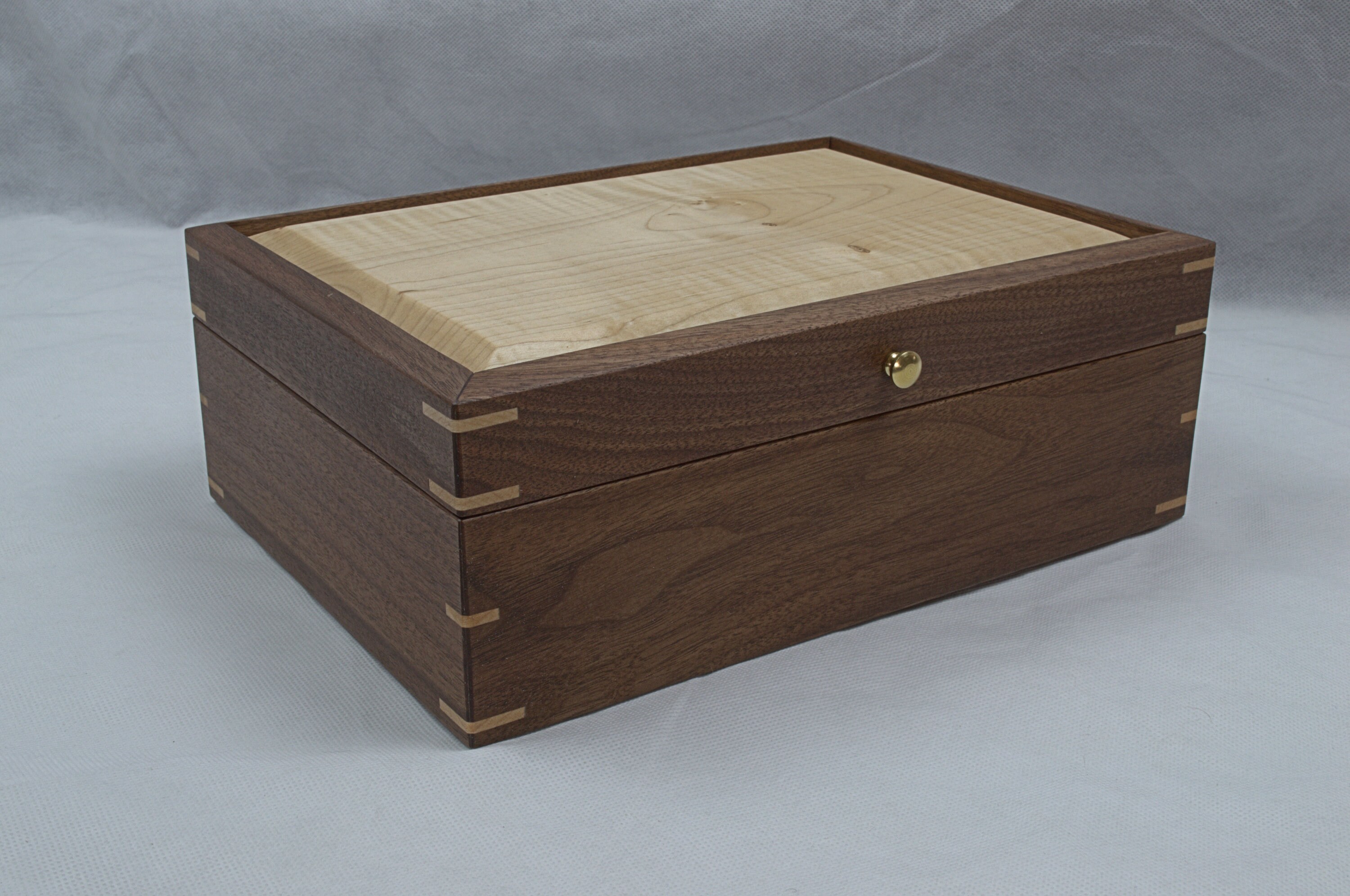 Black Walnut and Curley Maple Keepsake Box, Hinged Lid, Green Felt ...