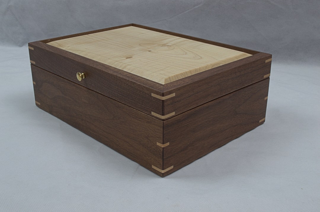 Black Walnut and Curley Maple Keepsake Box, Hinged Lid, Green Felt ...