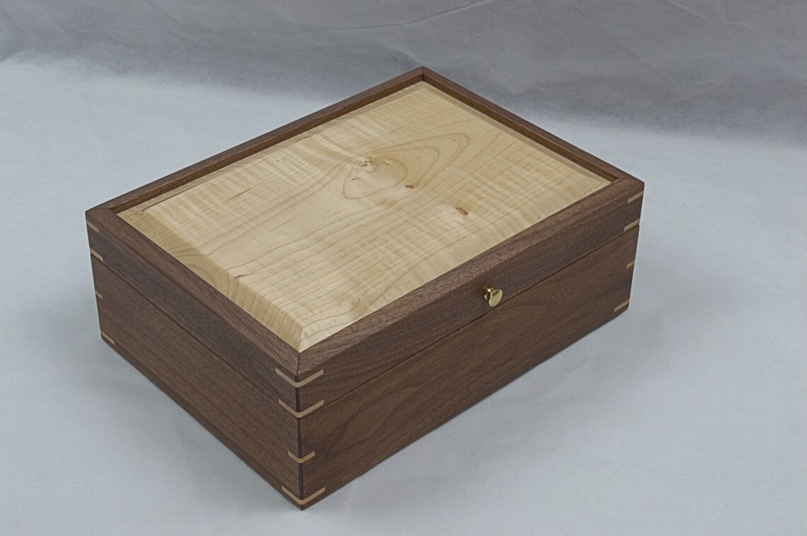 Black Walnut and Curley Maple Keepsake Box, Hinged Lid, Green Felt ...
