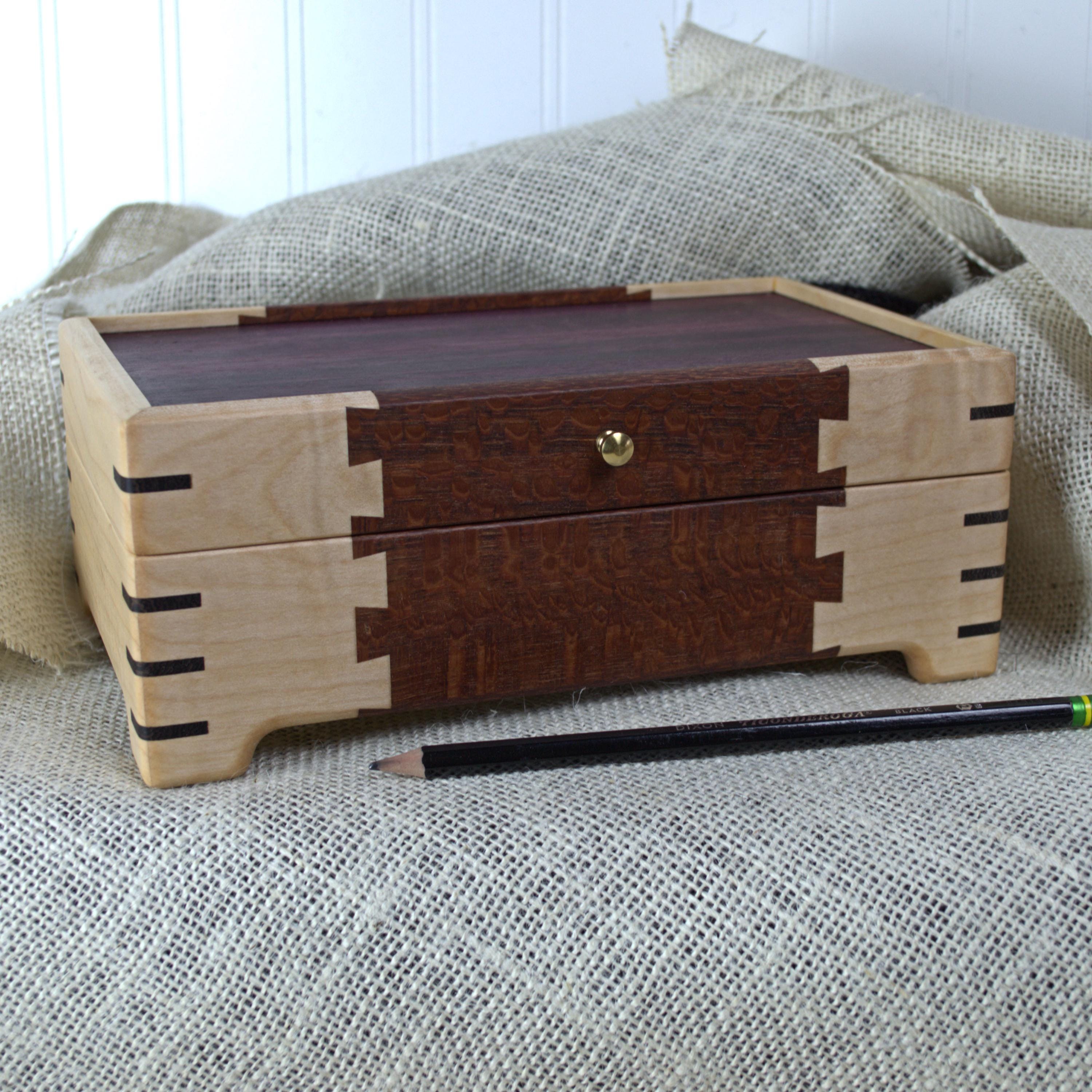 Curly Maple, leopard wood and Purple Heart Keepsake/Jewelry Box