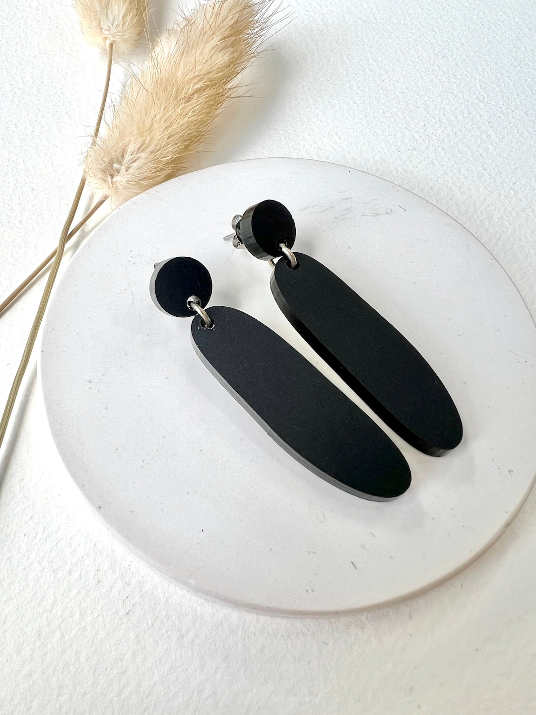 Long Black Earrings Dangle, Matte Black Earrings, Organic Long Drop ...